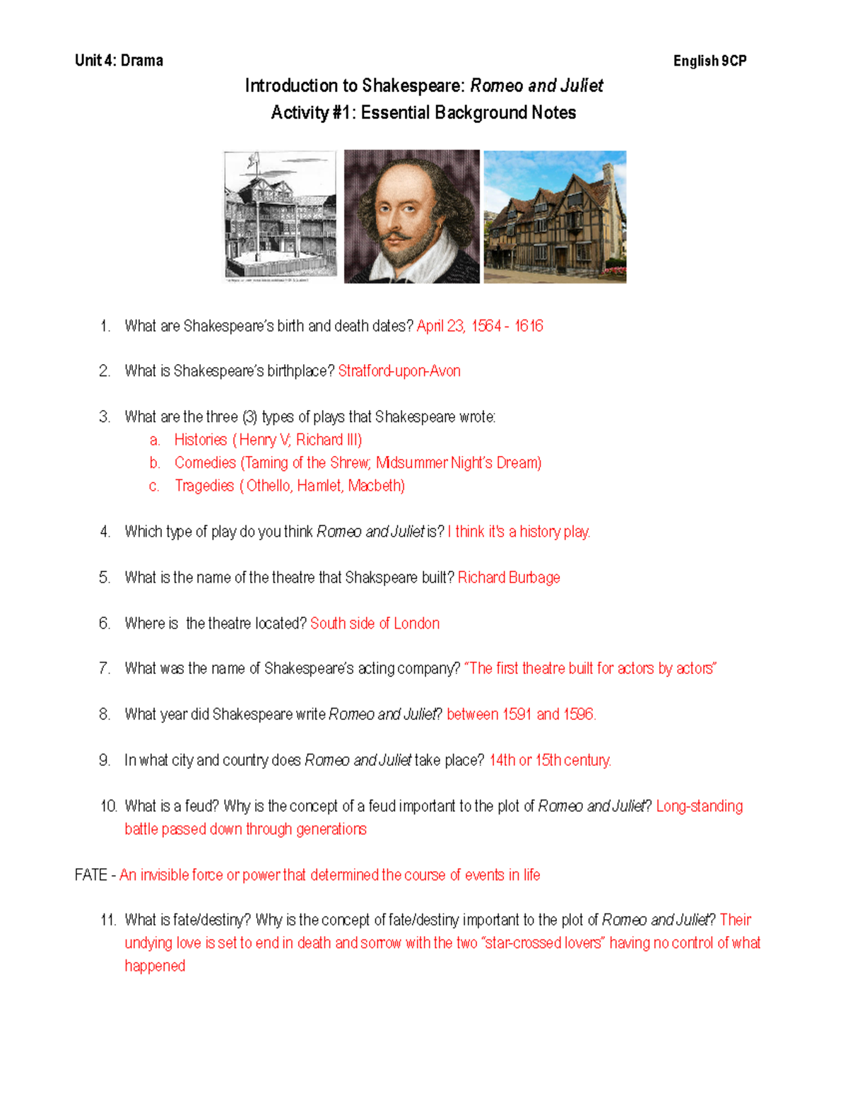 Intro to Shakespeare Notes - Unit 4: Drama English 9CP Introduction to ...