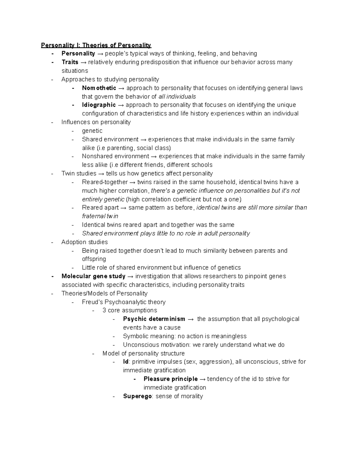 PSYC 111 Unit Three Notes - Personality I: Theories of Personality ...
