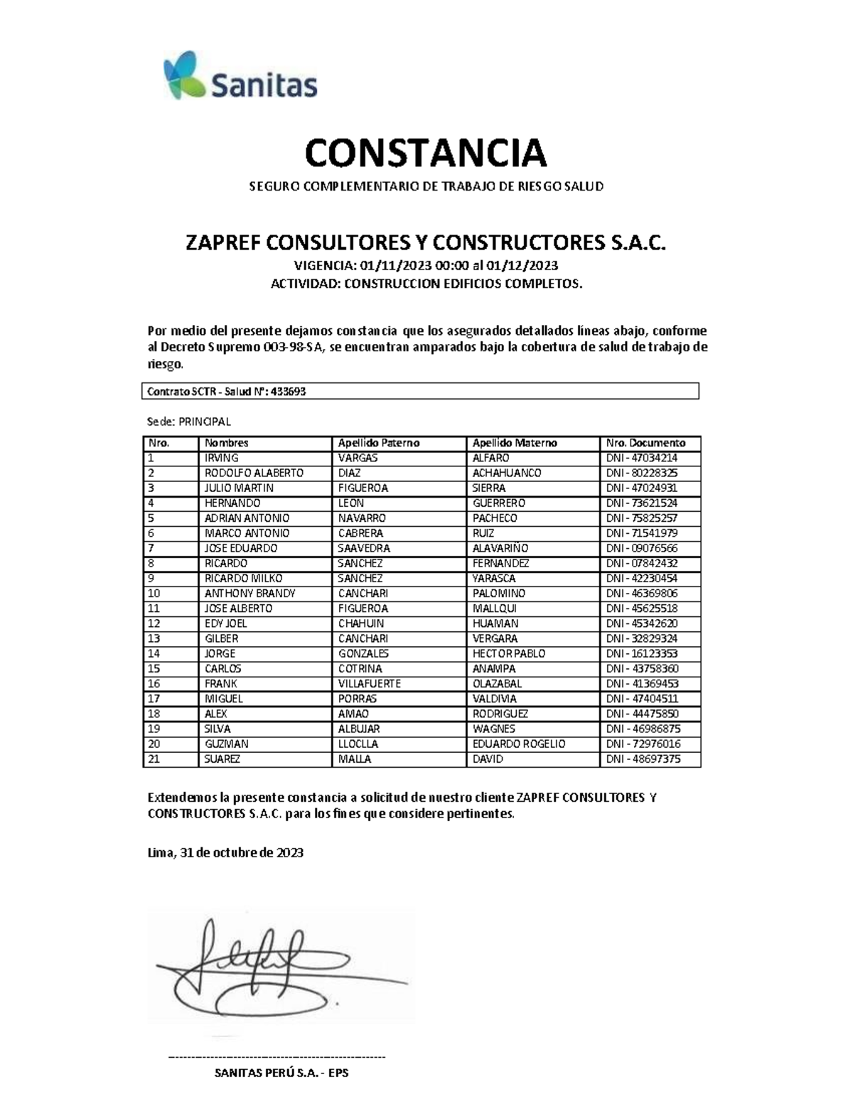 SCTR Zapref NaOV2023 - Contrato SCTR - Salud N°: 433693 CONSTANCIA ...