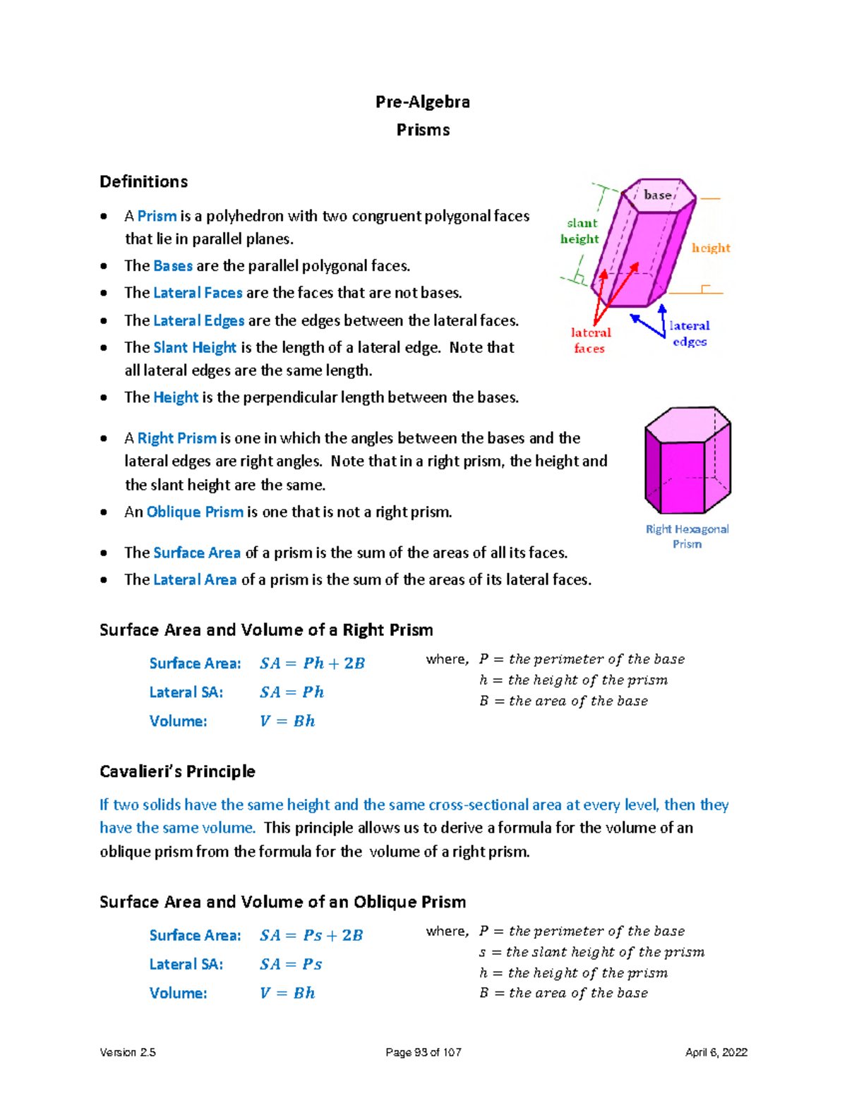 Pre Algebra Math Handbook 22 - Pre‐Algebra Prisms Definitions • A Prism ...