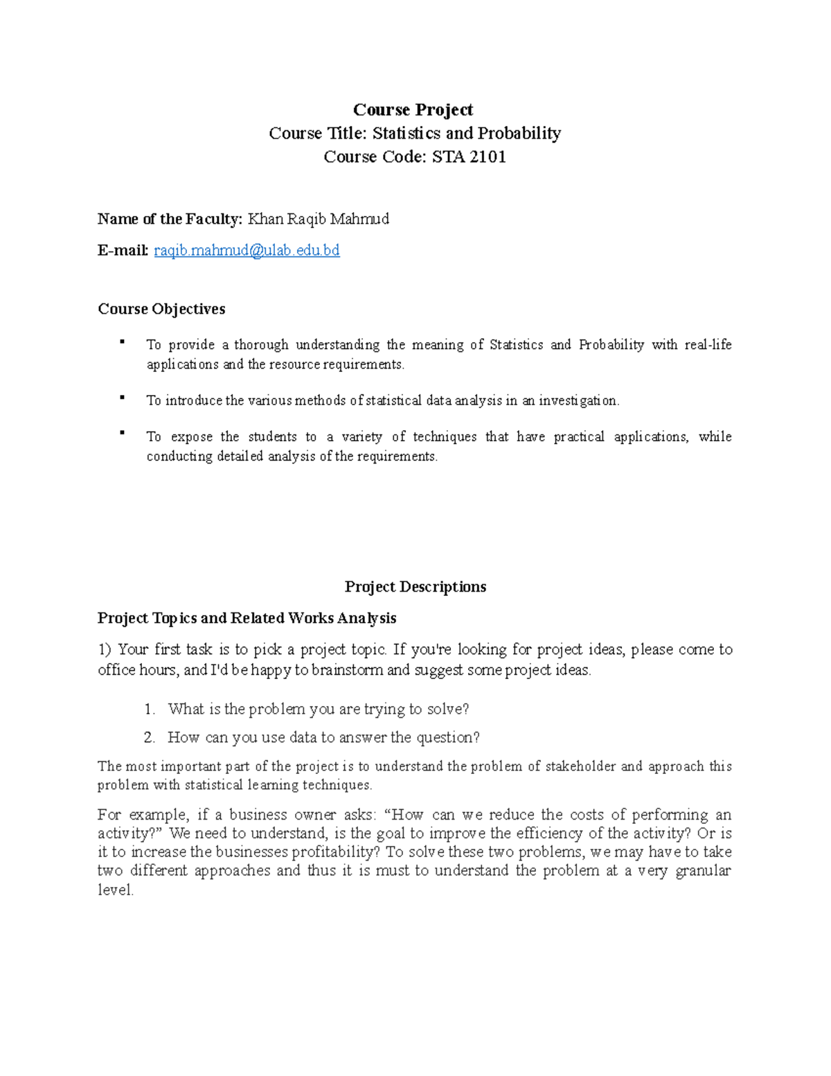 Complex Engineering Prob Guidelines - Course Project Course Title: Statistics and Probability ...