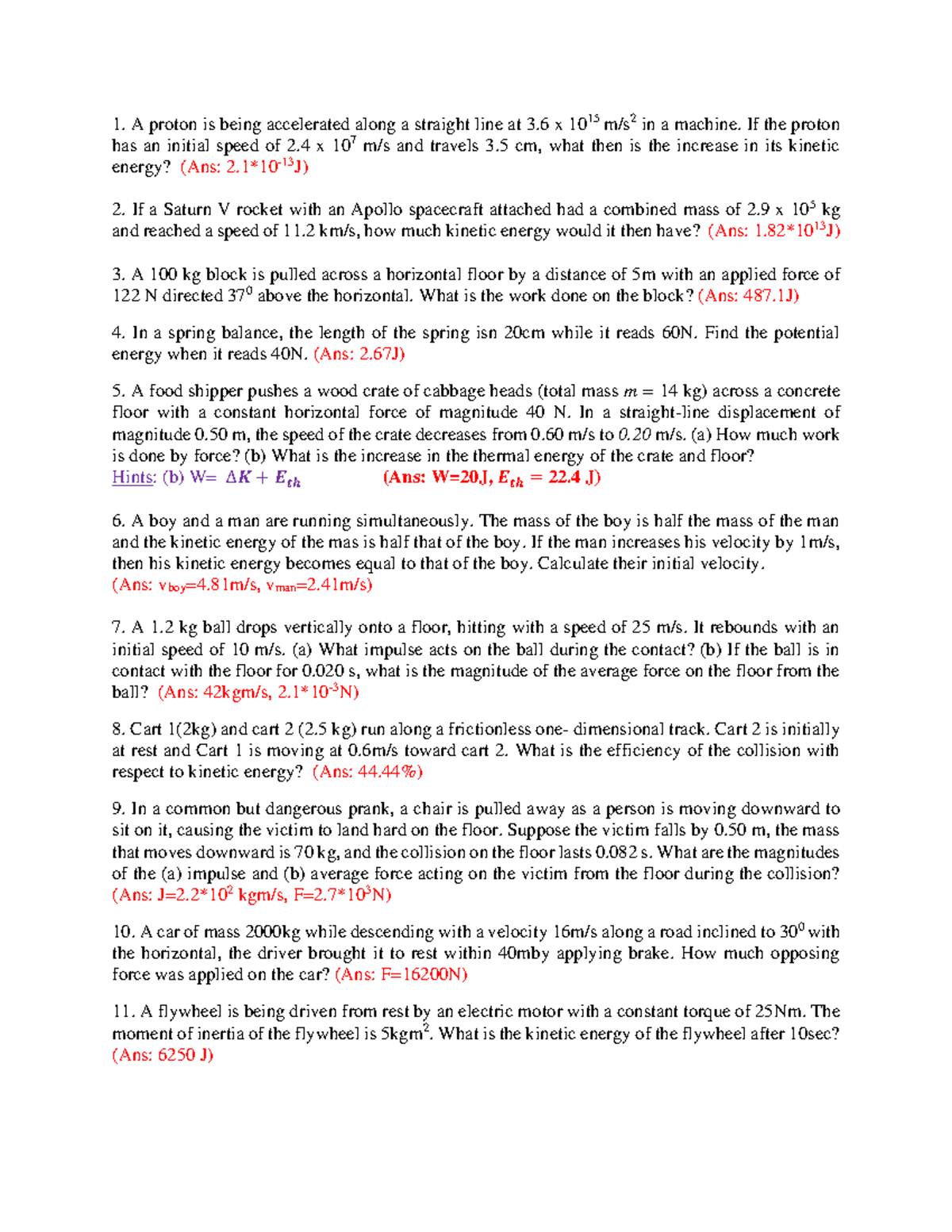 Phy Question Phy109 Practice Problem Related Work And Energy A Proton