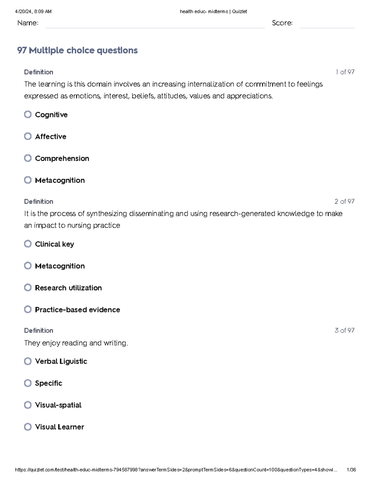 Health educ- midterms Quizlet - Name: Score: 97 Multiple choice ...