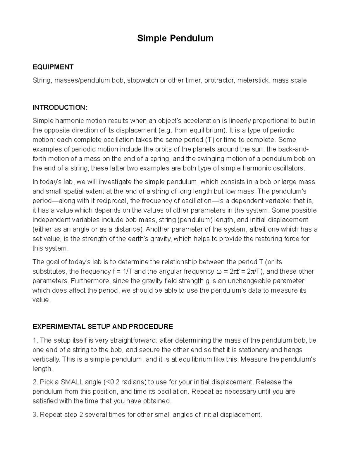 Lab02-Simple+Pendulum Summary+Instructions - Simple Pendulum EQUIPMENT ...