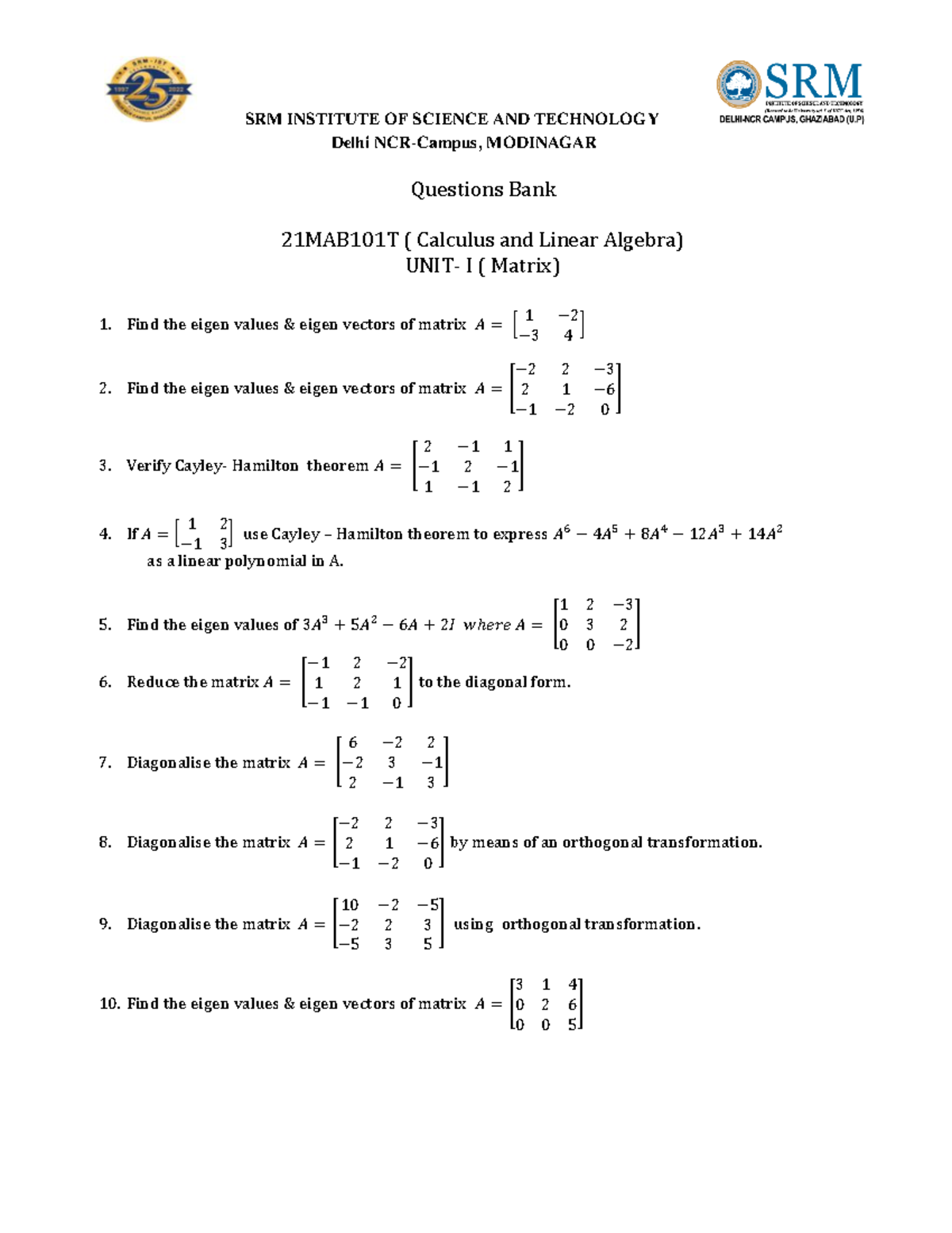 Unit 1 QB Maths - SRM INSTITUTE OF SCIENCE AND TECHNOLOGY Delhi NCR-Campus, MODINAGAR Questions ...