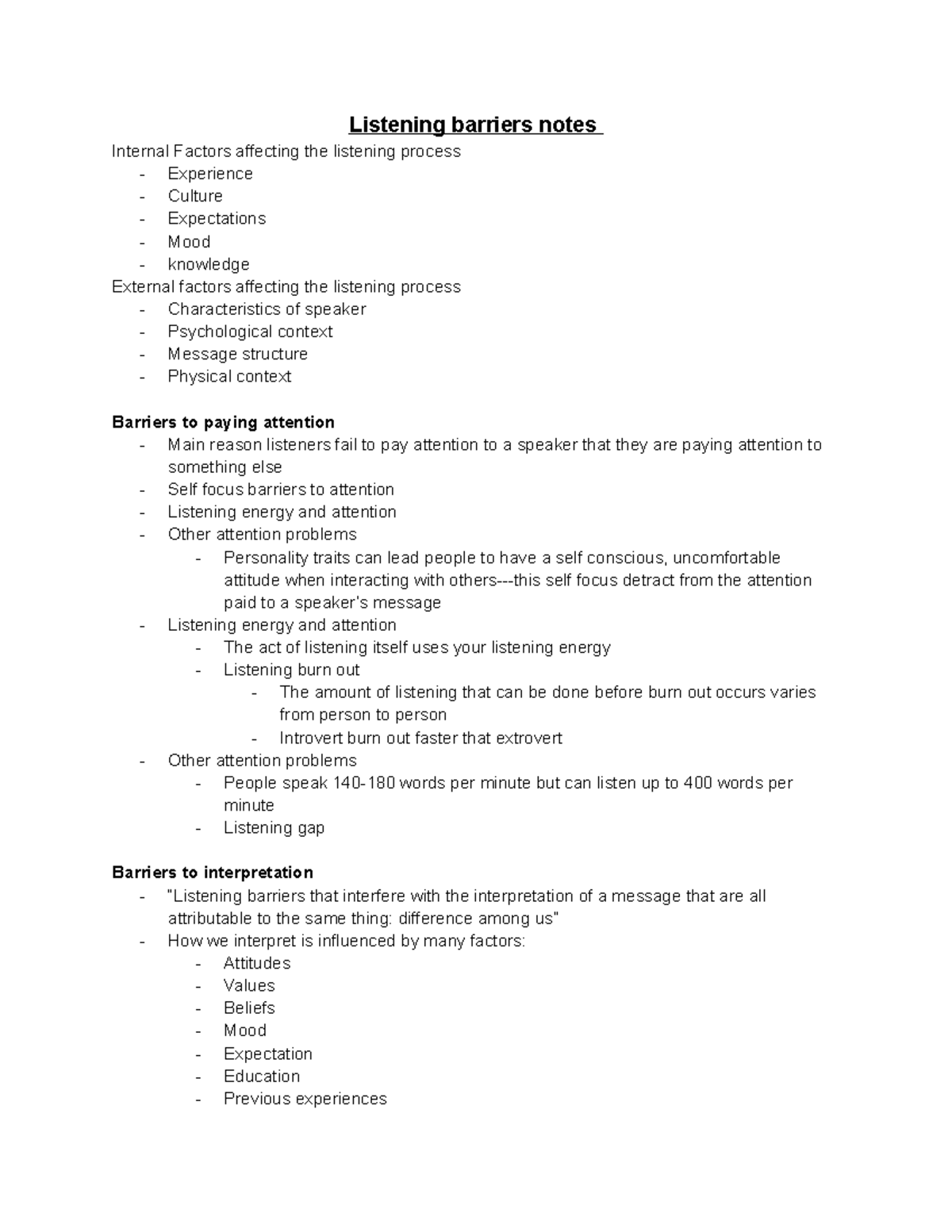 Listening barriers notes - Listening barriers notes Internal Factors ...