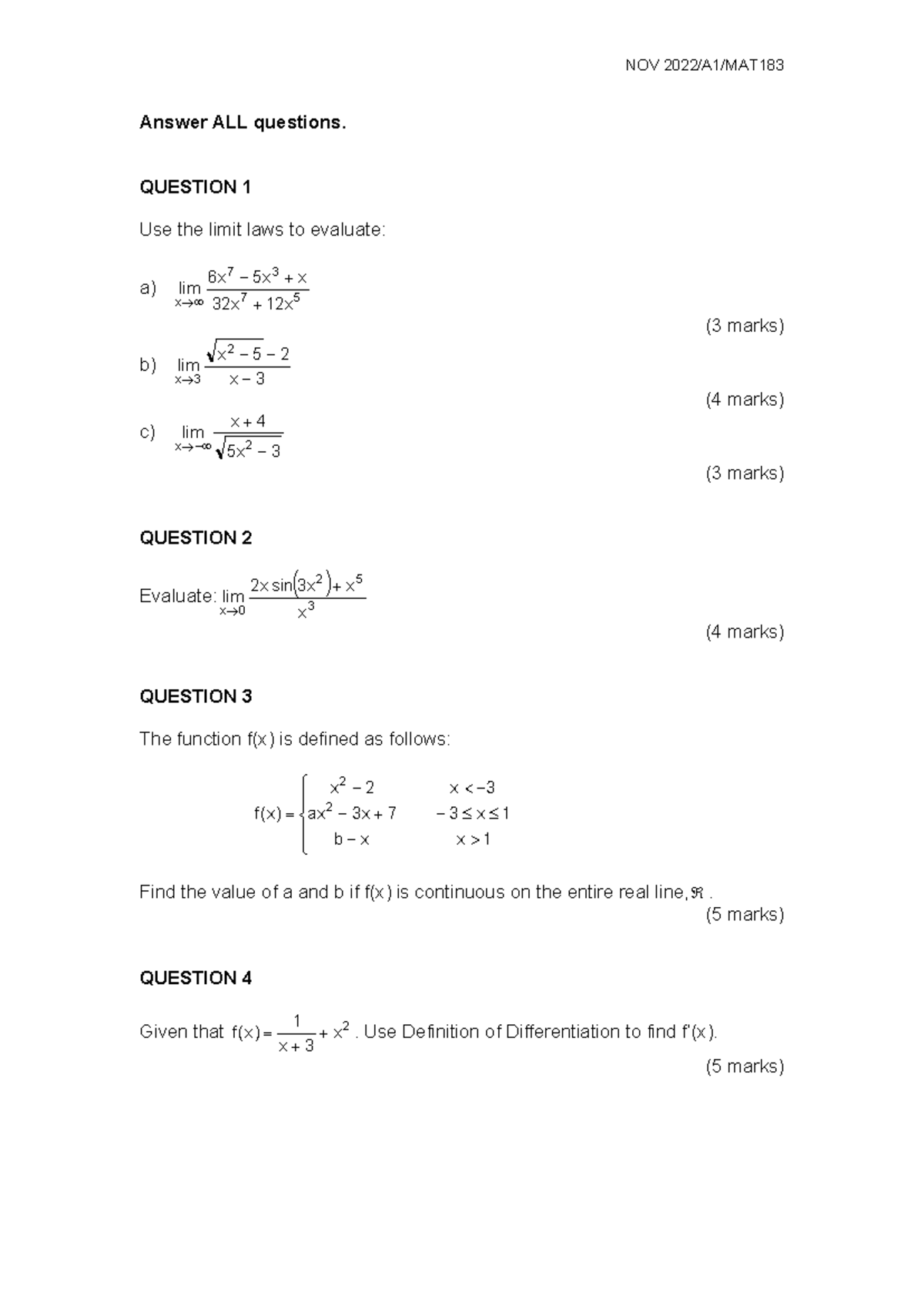 MAT183 - Revision - contoh - NOV 2022/A1/MAT Answer ALL questions ...