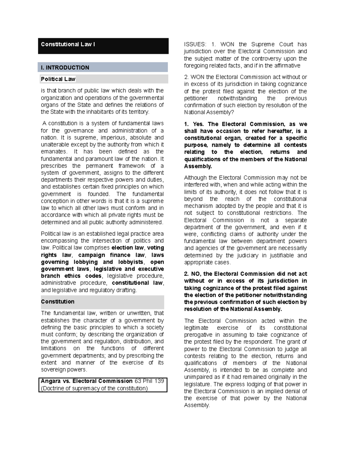 Constitutional Law I - Reviewer - Constitutional Law I I. INTRODUCTION Political Law is that ...