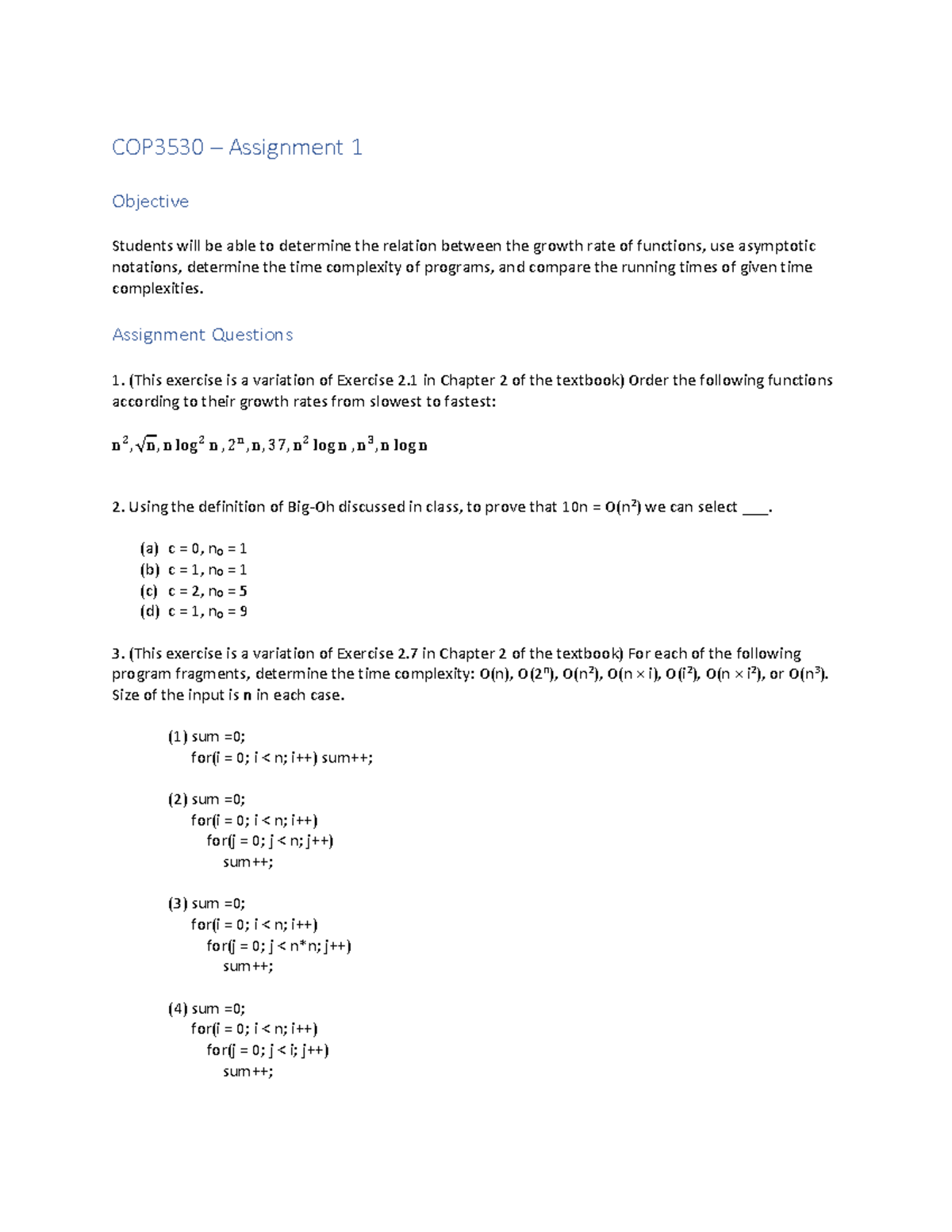 COP3530 Assignment 1 - COP3530 – Assignment 1 Objective Students will be able to determine the ...