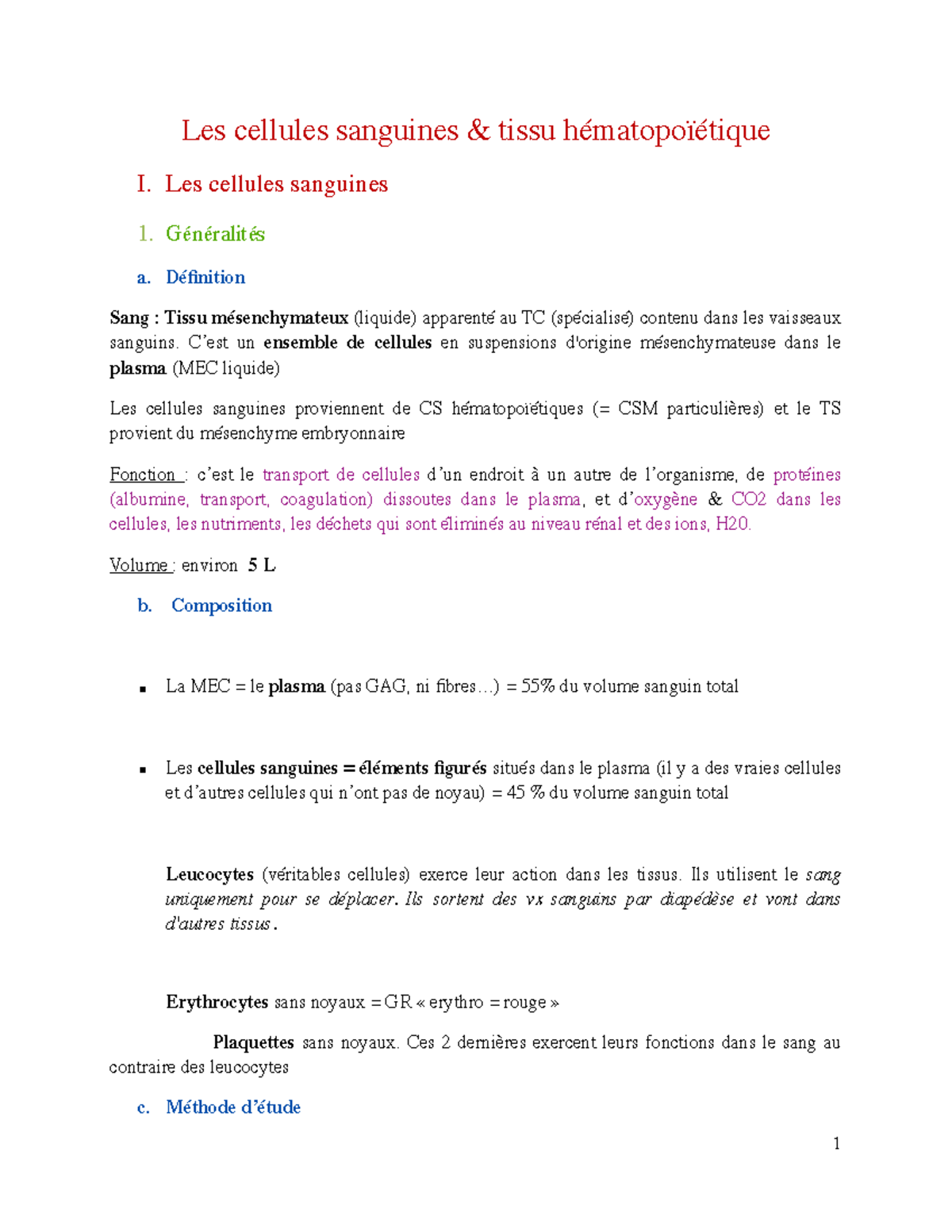 Tissu sanguin - Les cellules sanguines & tissu hématopoïétique I. Les ...