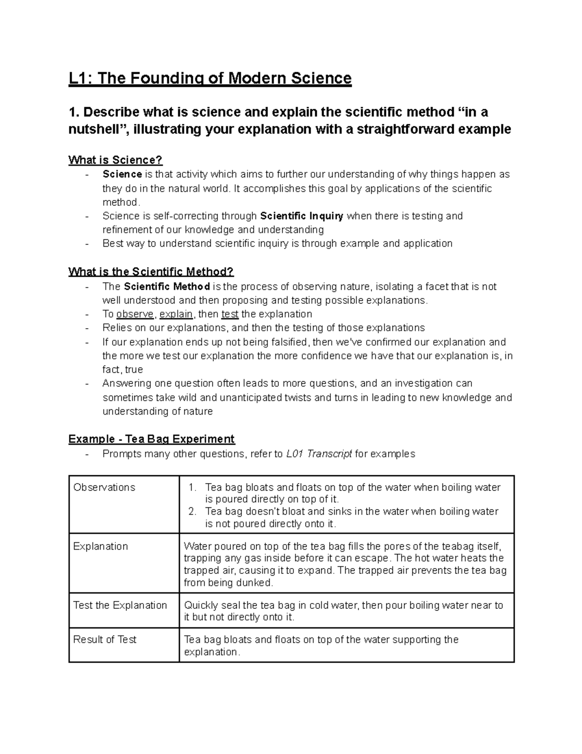 HSI1000 Lecture Notes - L1: The Founding of Modern Science 1. Describe ...