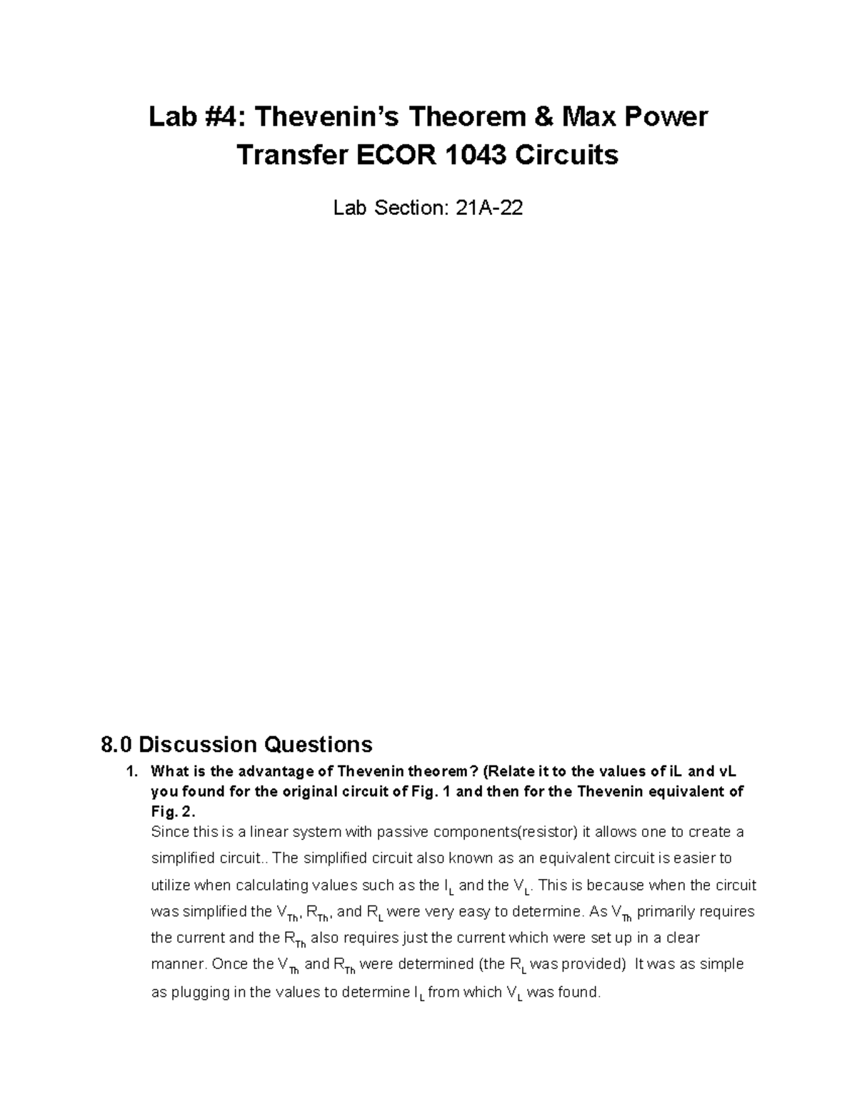 Lab #4 Thevenin’s Theorem & Max Power Transfer ECOR 1043 Circuits - Lab ...
