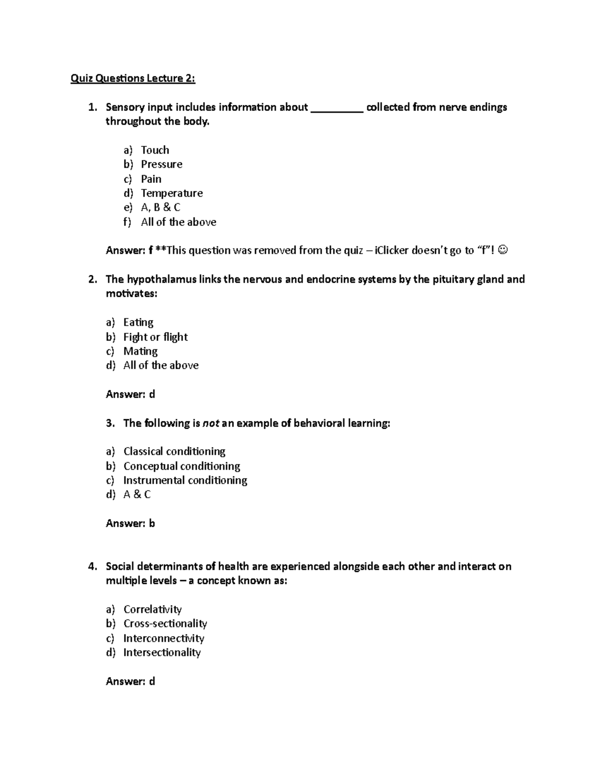 Quiz 9 November 2019, questions - Quiz Questions Lecture 2: Sensory ...