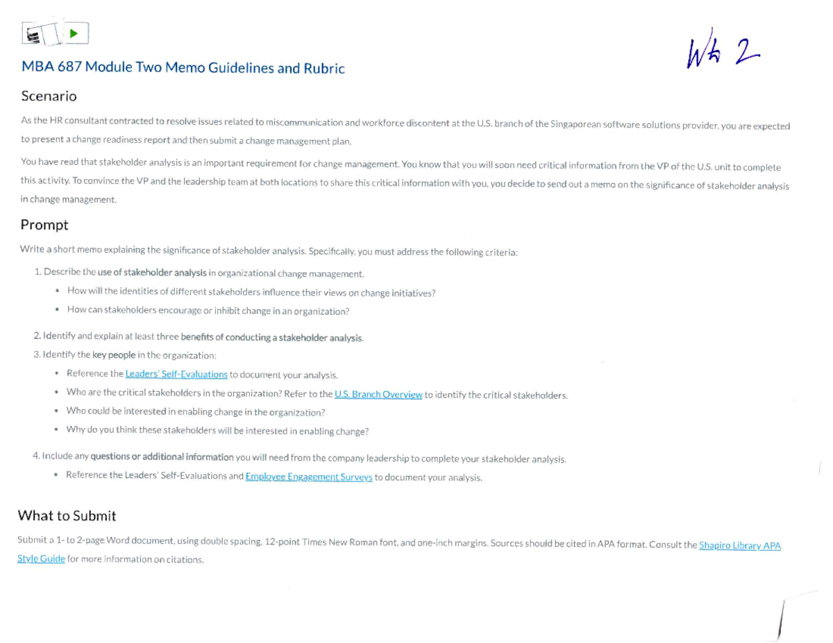 Week 2 Memo assignment Rubric guidelines - Wh 2 MBA 687 Module Two Memo ...