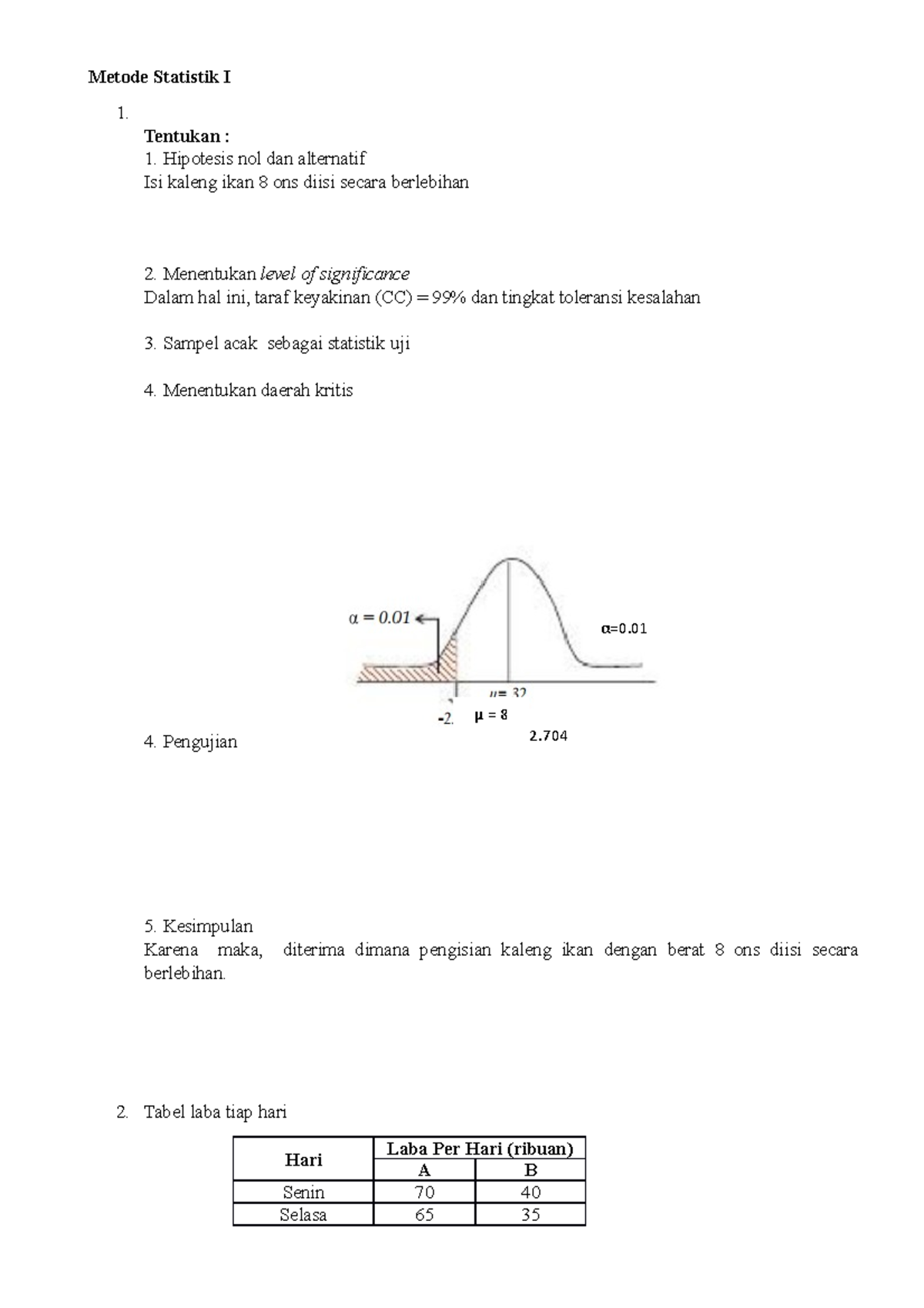 Metode Statistik I - Metode Statistik I Tentukan : Hipotesis nol dan ...