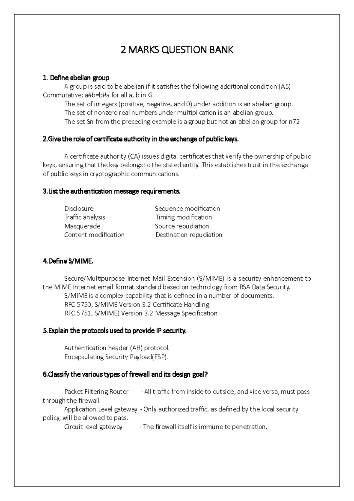 2 Marks question bank - 2 MARKS QUESTION BANK Define abelian group A ...