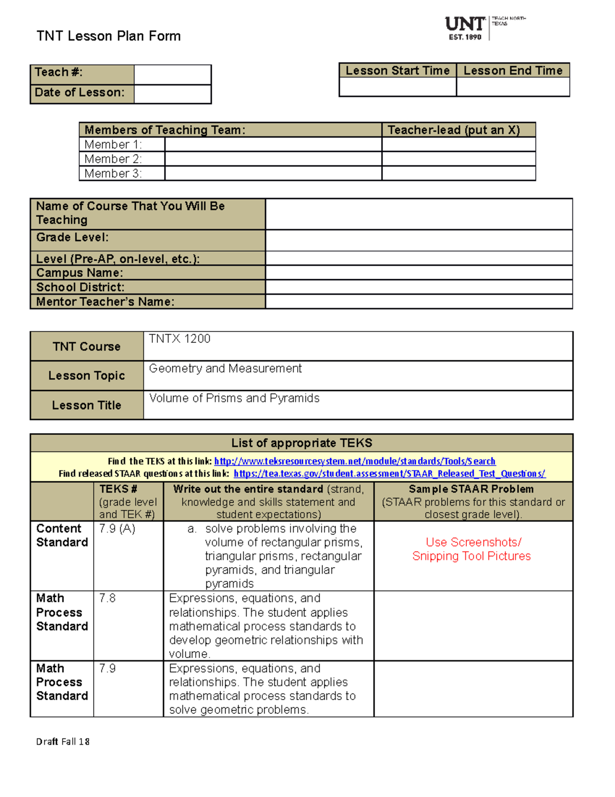 Final Project - TNT Lesson Plan Form Teach #: Date of Lesson: Draft ...