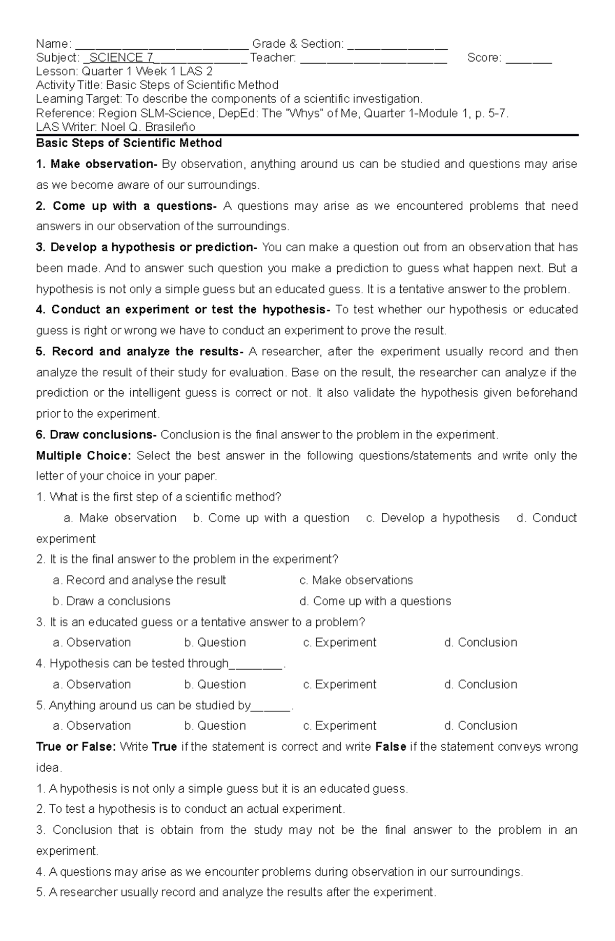 Science 7 Q1 WEEK1 LAS2 - Name: __________________________ Grade ...