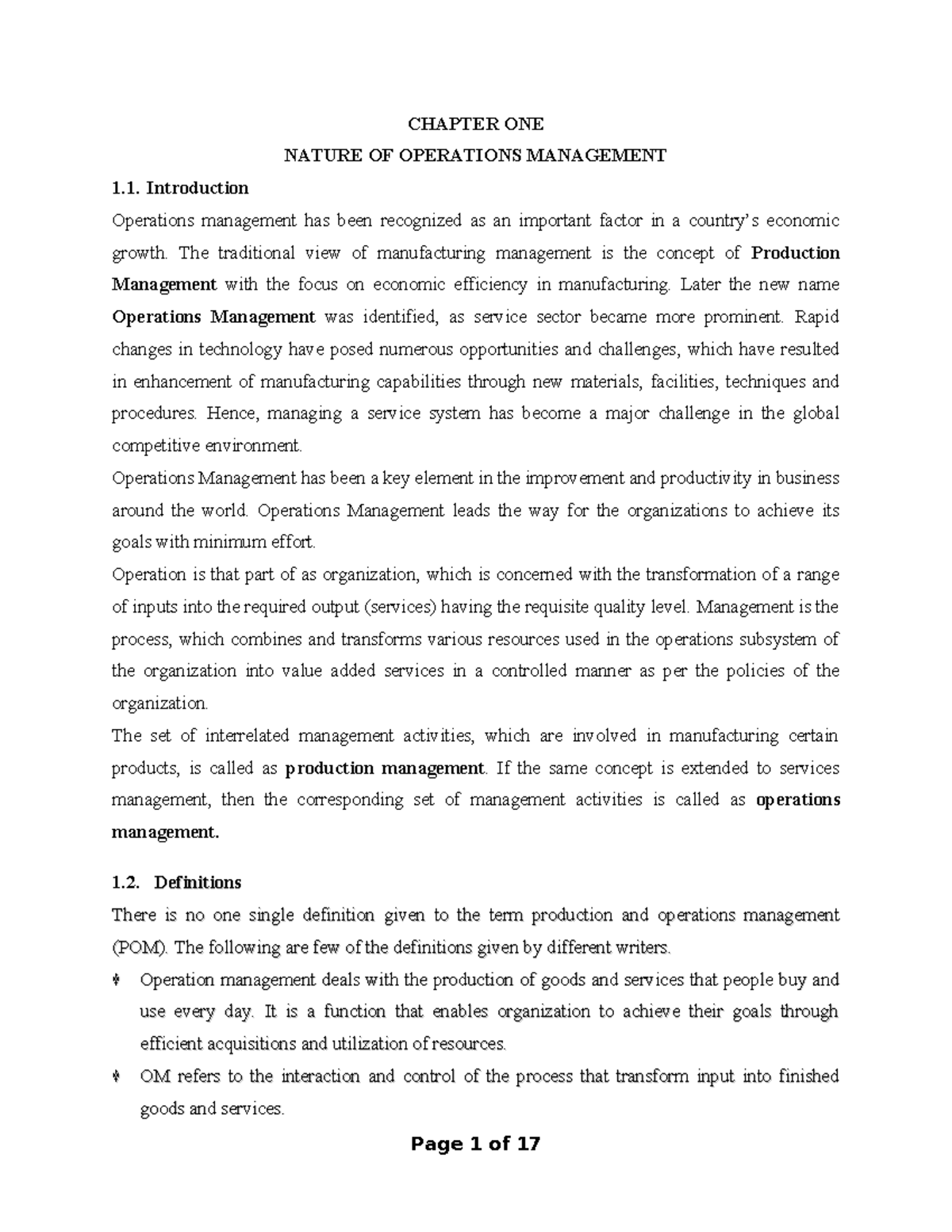 OM CH-1 - Good - 1 CHAPTER ONE NATURE OF OPERATIONS MANAGEMENT Introduction Operations ...