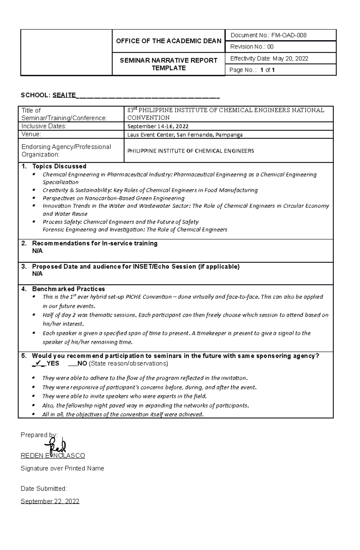 FM-OAD-008 Seminar Narrative Report Template - OFFICE OF THE ACADEMIC ...