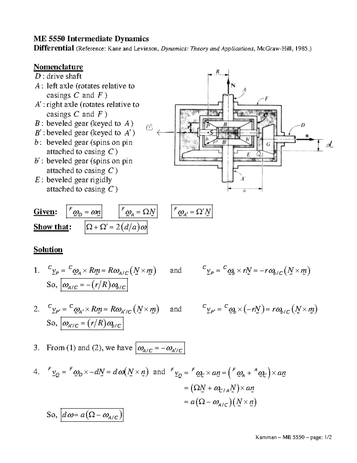 ME555Differential Kane - Kamman – ME 5550 – page: 1/ ME 5550 Intermediate Dynamics Differential ...