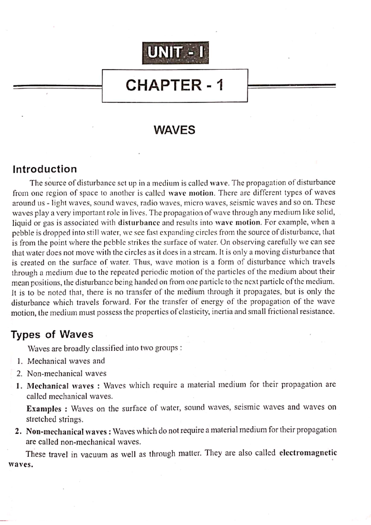 Physics Unit-1 Chapter-; Waves - UNIT I CHAPTER 1 WAVES Introduction ...