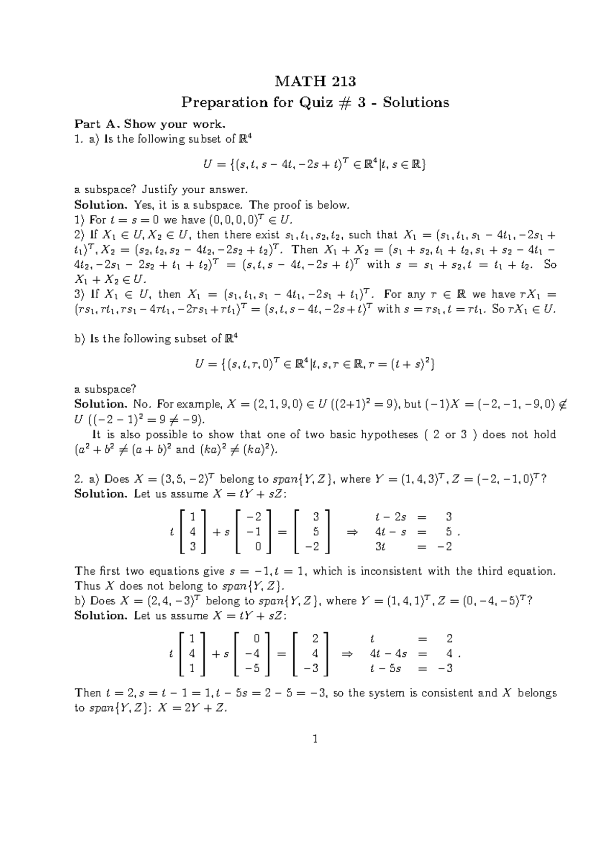 Example quiz3 213sol - MATH 213 Preparation for Quiz # 3 - Solutions Part A. Show your work. a ...