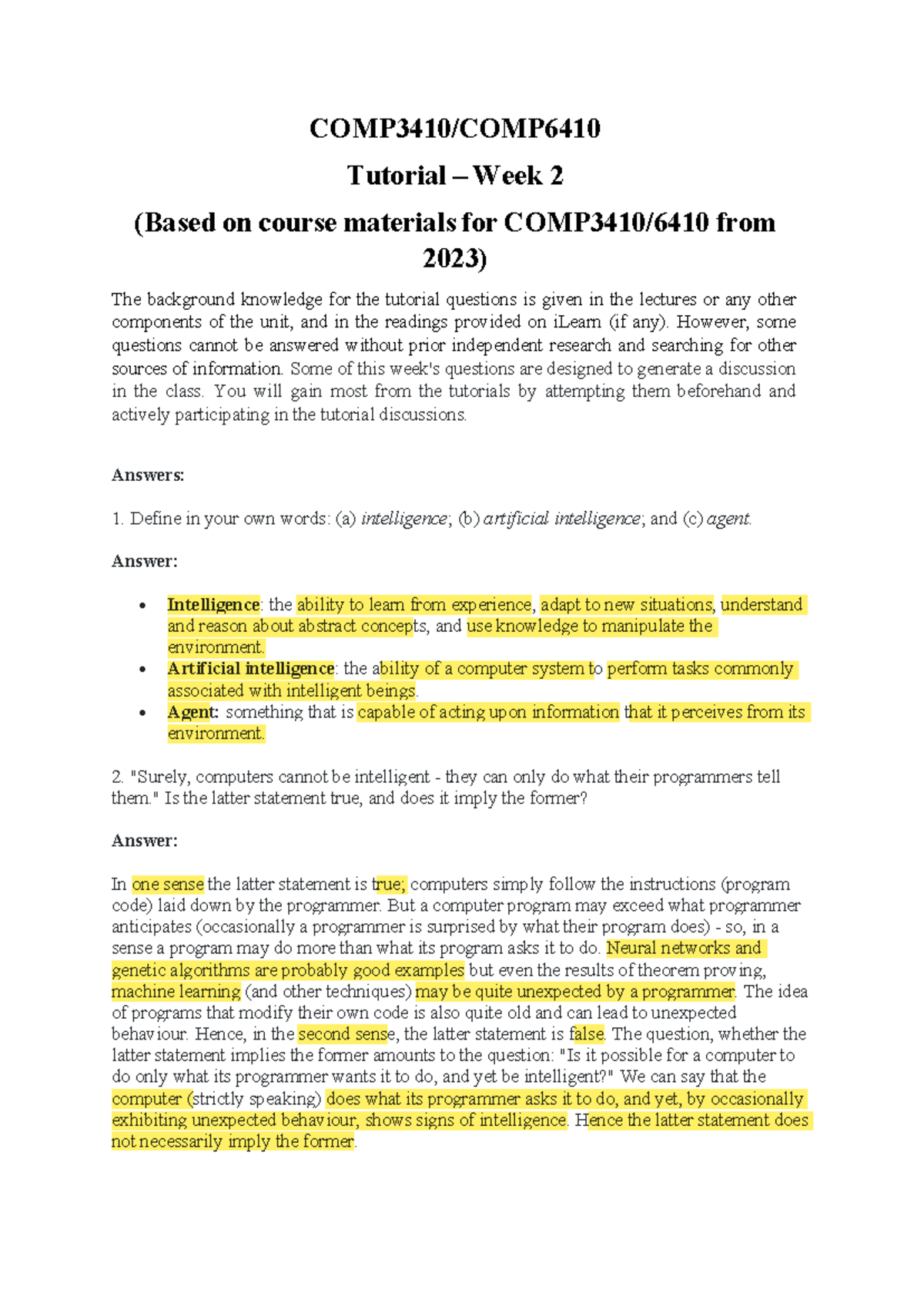 Tutorial 1 - COMP3410/COMP Tutorial – Week 2 (Based on course materials for COMP3410/6410 from ...