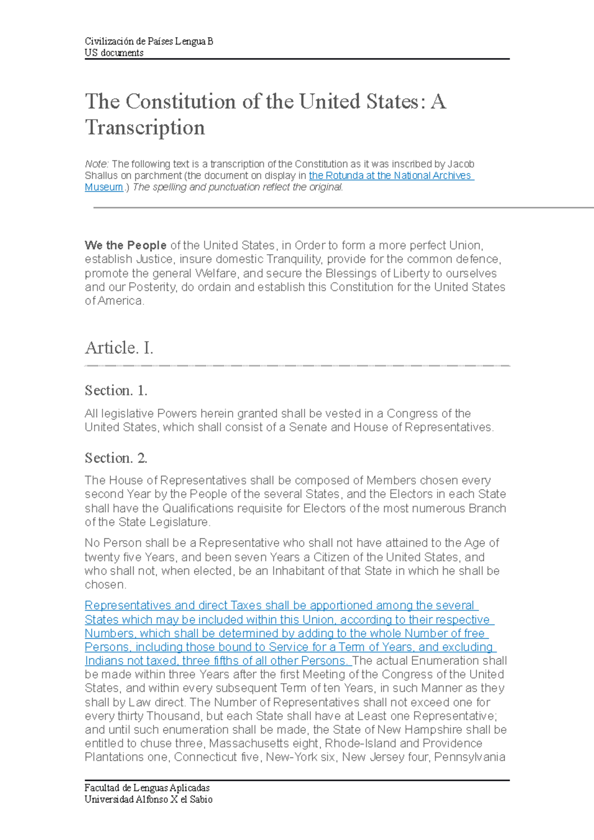 The Constitution of the United States - transcript - US documents The ...