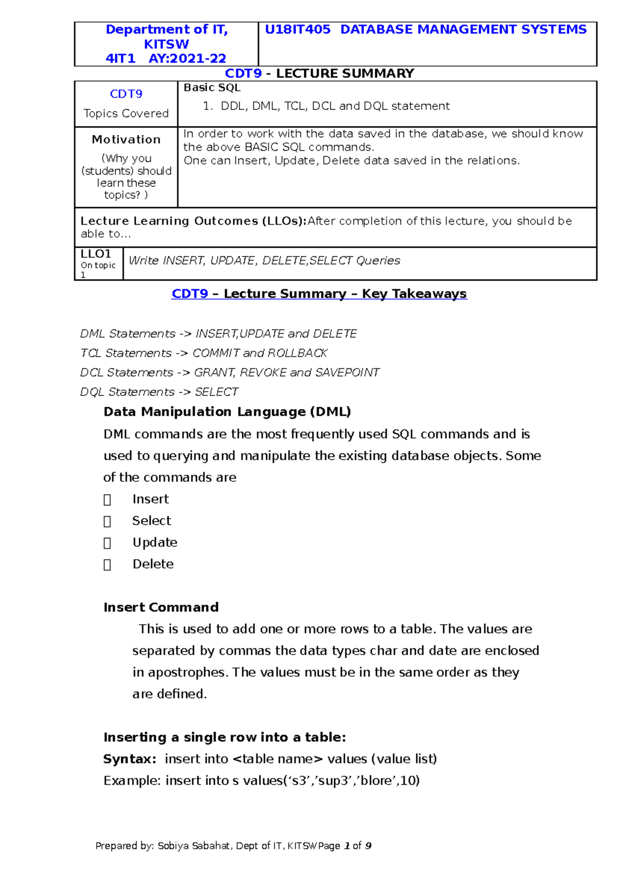 CDT9 Summary 4IT1 DBMS 2021-22 - KITSW 4IT1 AY:2021- CDT9 - LECTURE ...