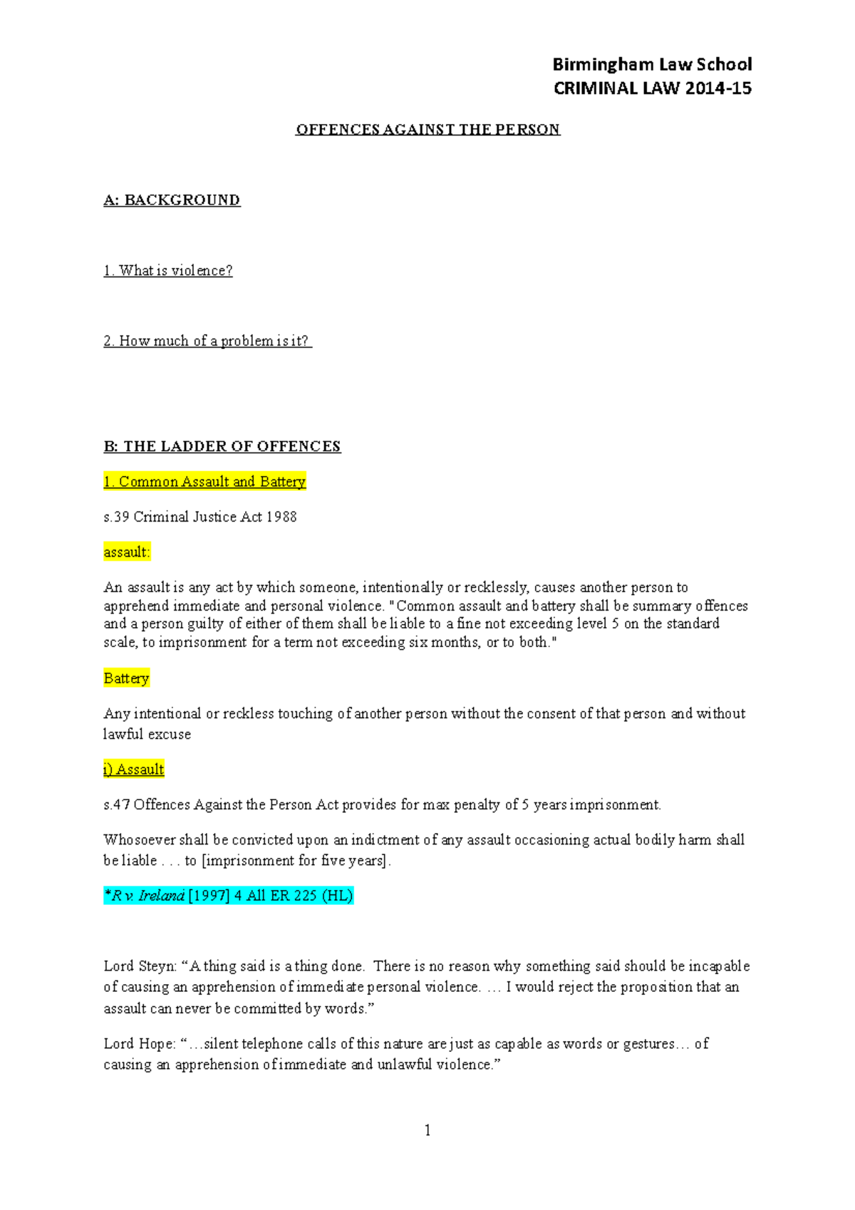 Offences Against the Person Criminal Law Notes - Birmingham Law School ...