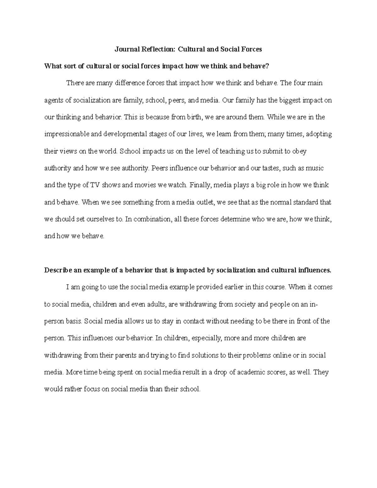 Module 3 - Journal - Cultural and Social Forces - Journal Reflection ...