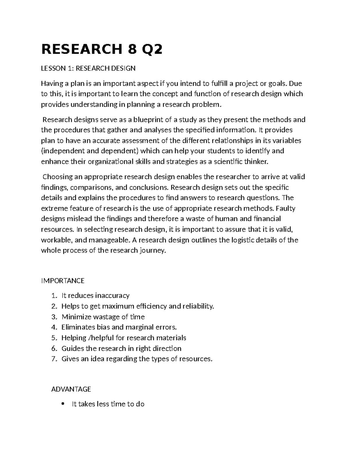 Research LECTURES - RESEARCH 8 Q LESSON 1: RESEARCH DESIGN Having a ...