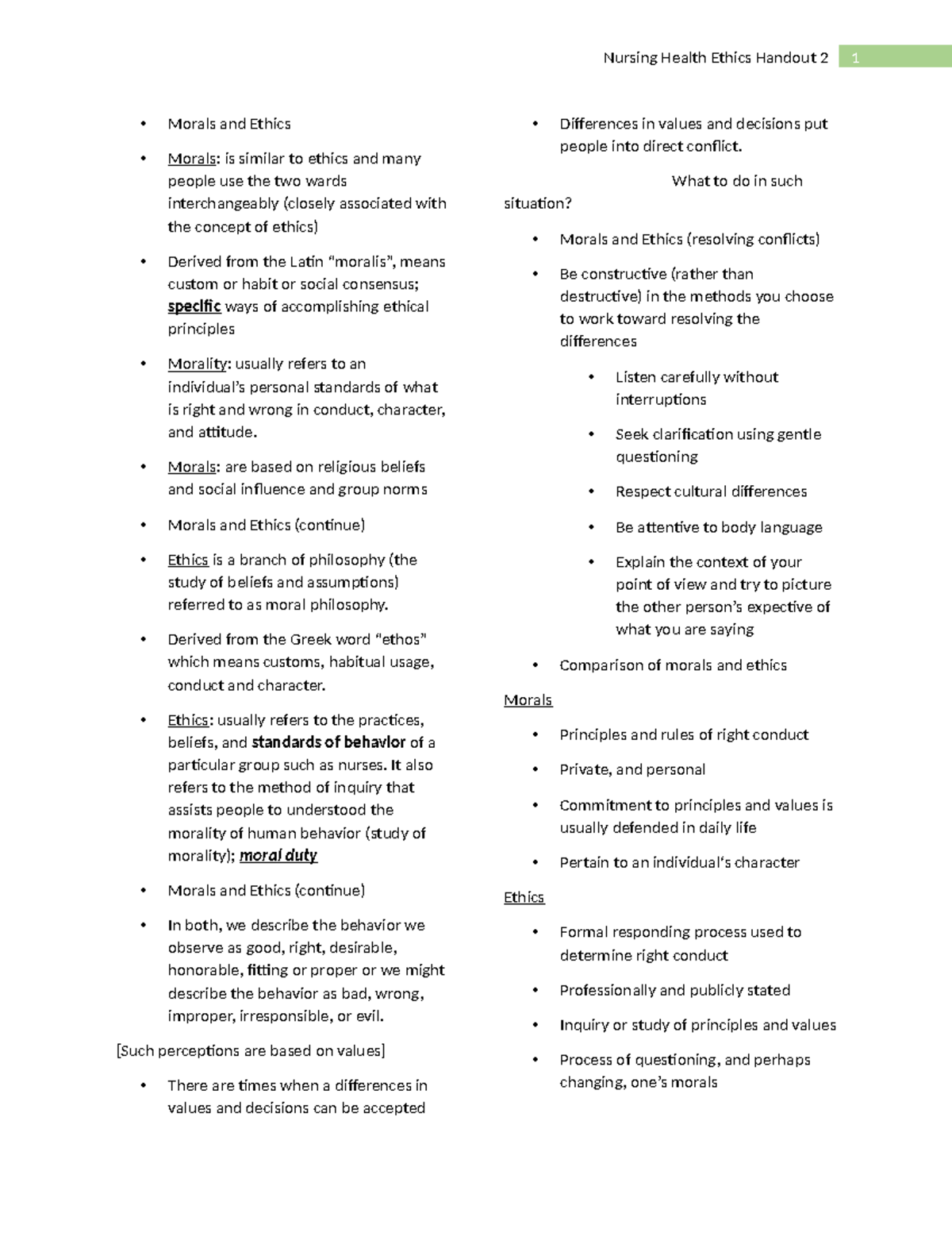 Nursing Health Care Ethics Handout 2 - Morals and Ethics Morals: is ...