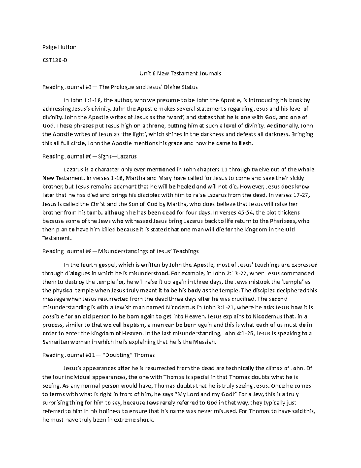 New Testament Reading Journals Unit 6 - Paige Hutton CST130-D Unit 6 ...
