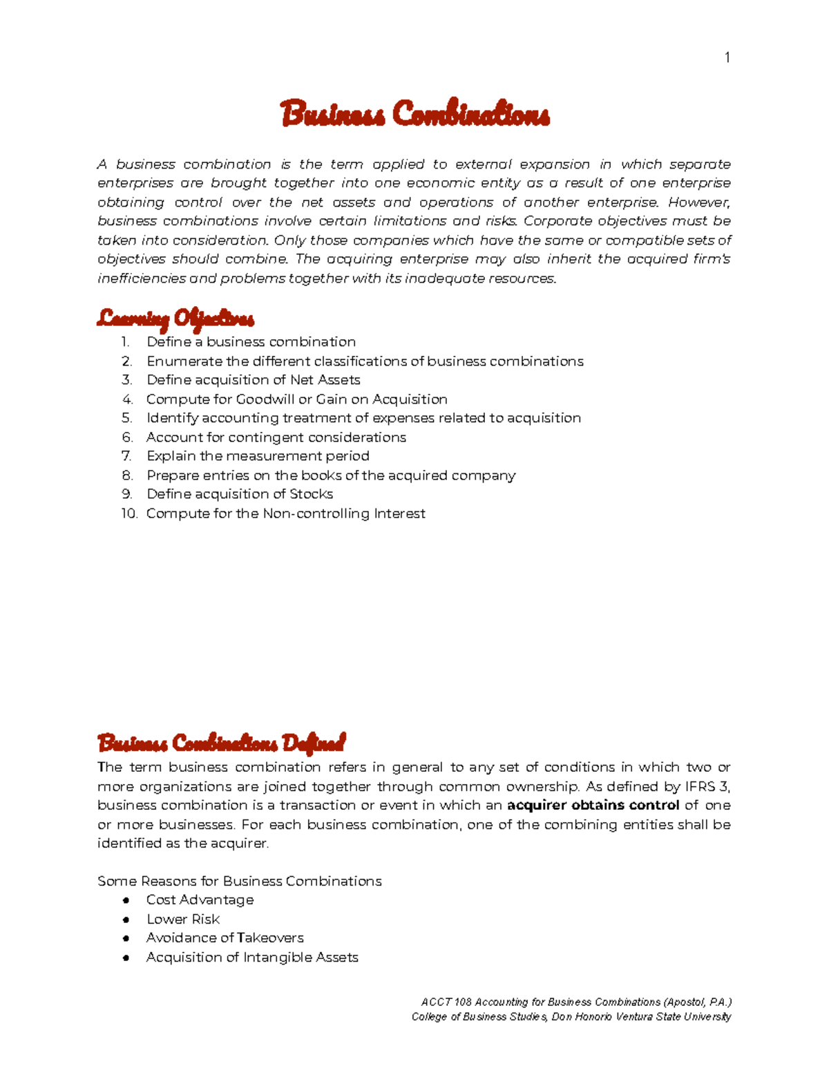 Module 2 IFRS 3 Business Combinations - Busines Combination A business ...