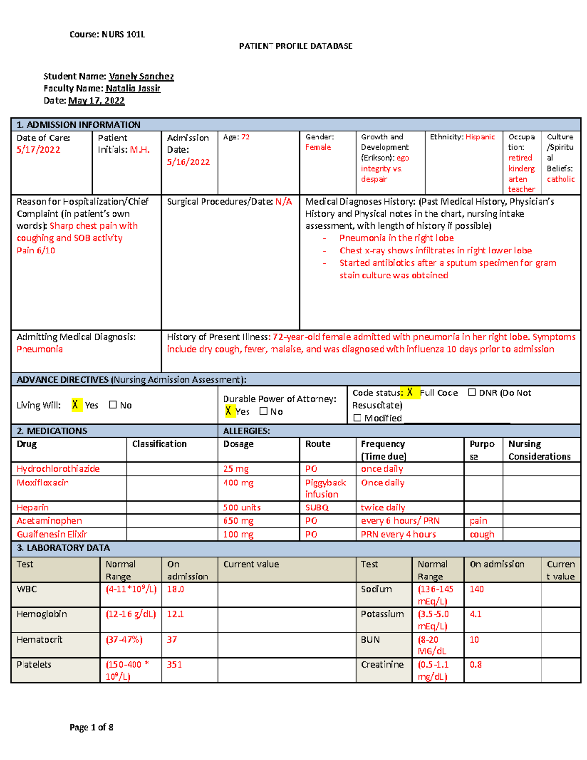 Patient Profile Database Form - PATIENT PROFILE DATABASE Student Name ...