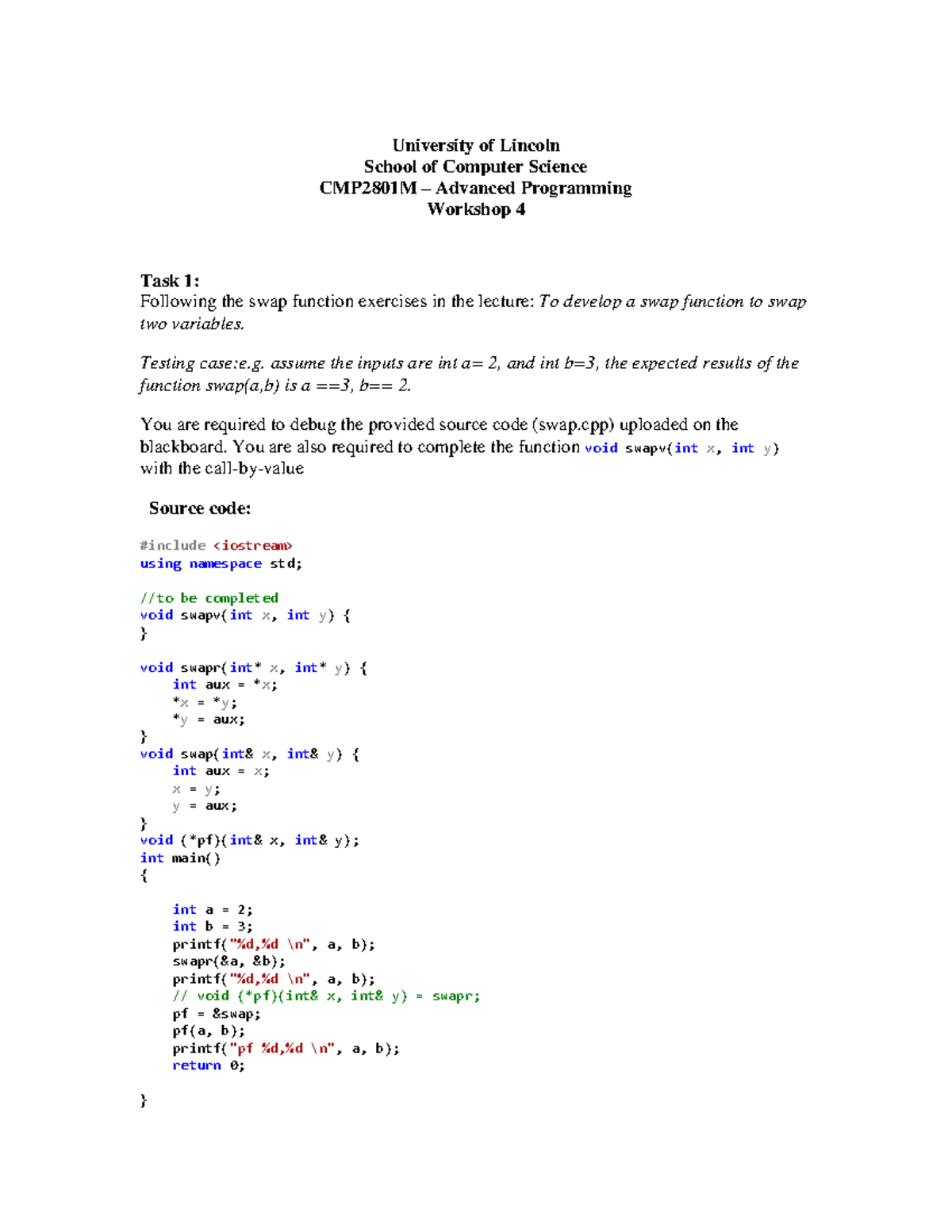CMP2801M W4 - Revision material (lecture/workshop) - University of Lincoln School of Computer ...