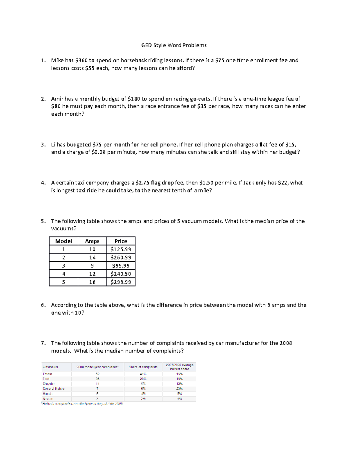 GED Style Word Problems - GED Style Word Problems Mike has $360 to ...