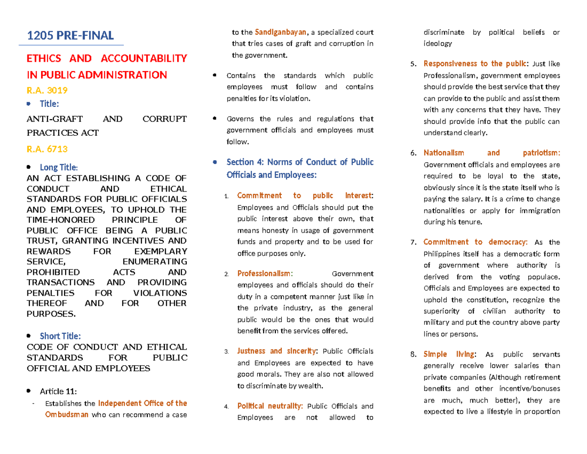 1205 PRE- Final - Summary AB POLITICAL SCIENCE - 1205 PRE-FINAL ETHICS ...