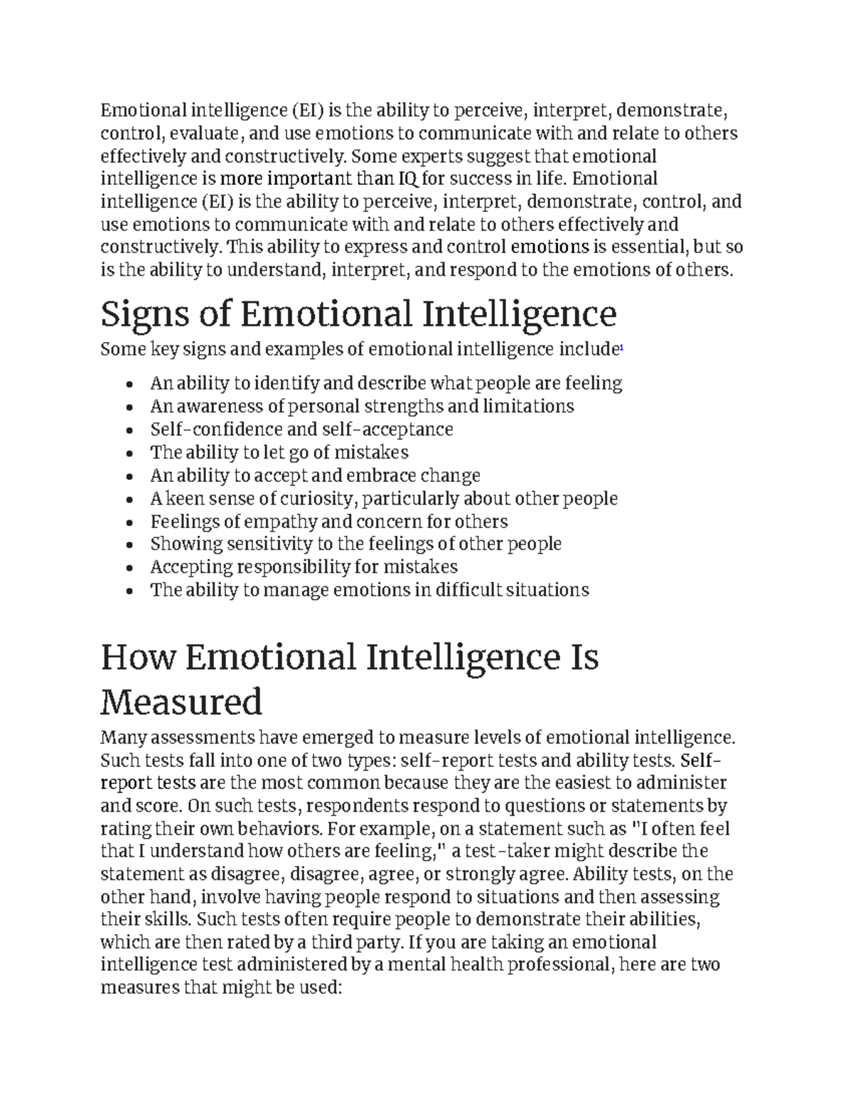 Emotional Intelligence Notes - Emotional intelligence (EI) is the ...