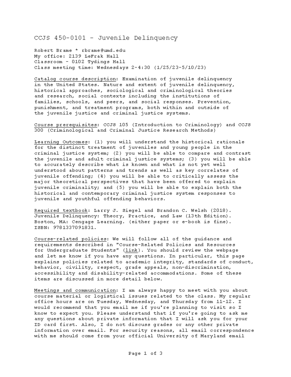 Ccjs450-0101-syllabus - CCJS 450-0101 - Juvenile Delinquency Robert ...