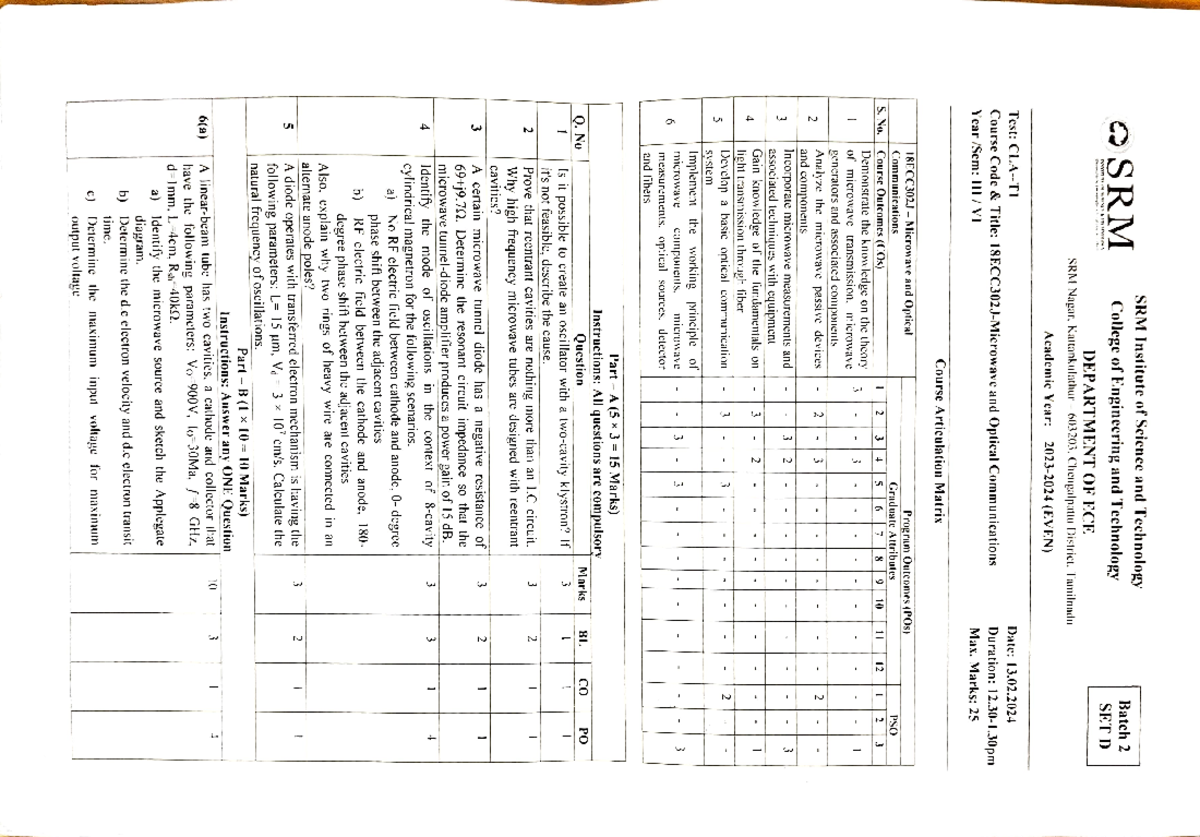 CT1 2023-2024 set D batch 2 - Test: CLA-TI S. No. 2 Course Code & Title ...