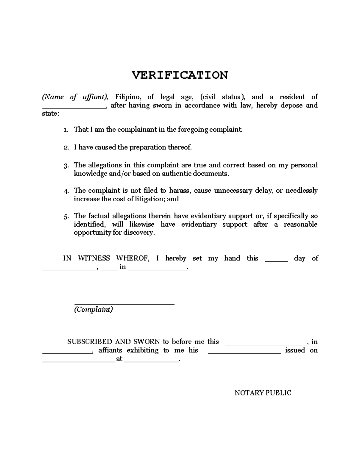 Verification format - Eng - VERIFICATION (Name of affiant), Filipino ...