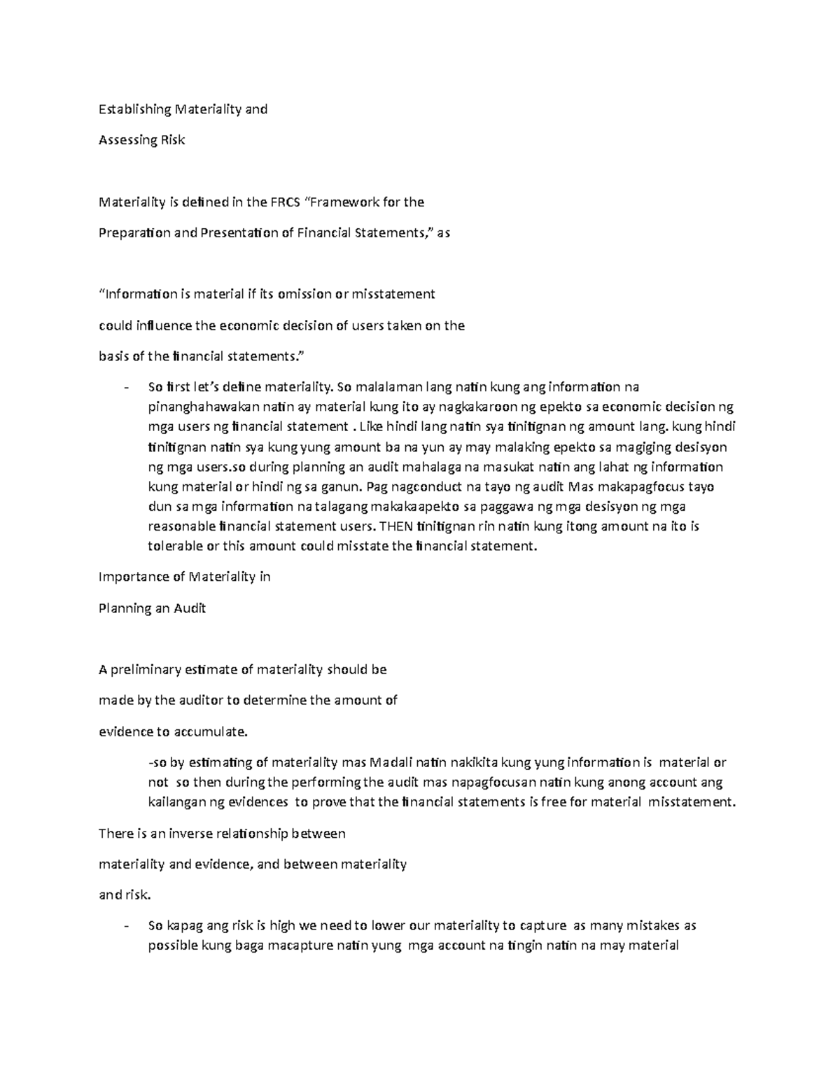 Report - Establishing Materiality and Assessing Risk Materiality is ...