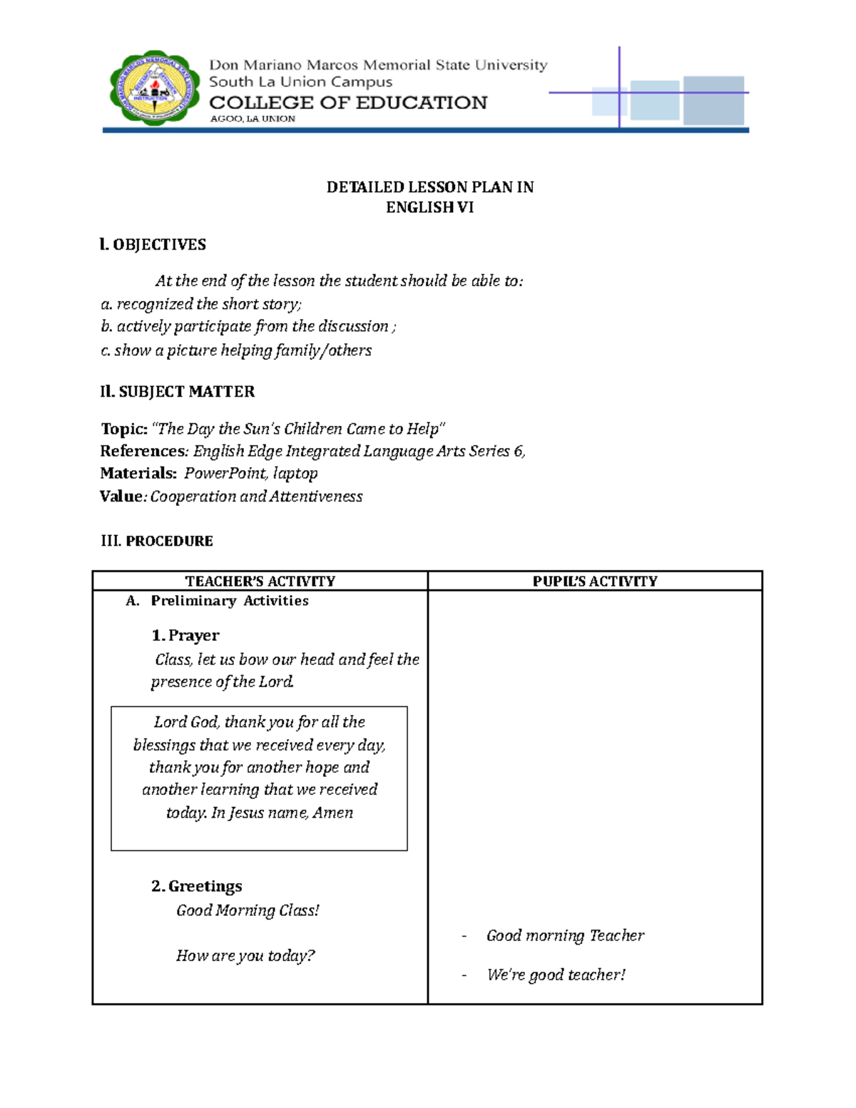Detailed Lesson PLAN IN English VI - DETAILED LESSON PLAN IN ENGLISH VI ...