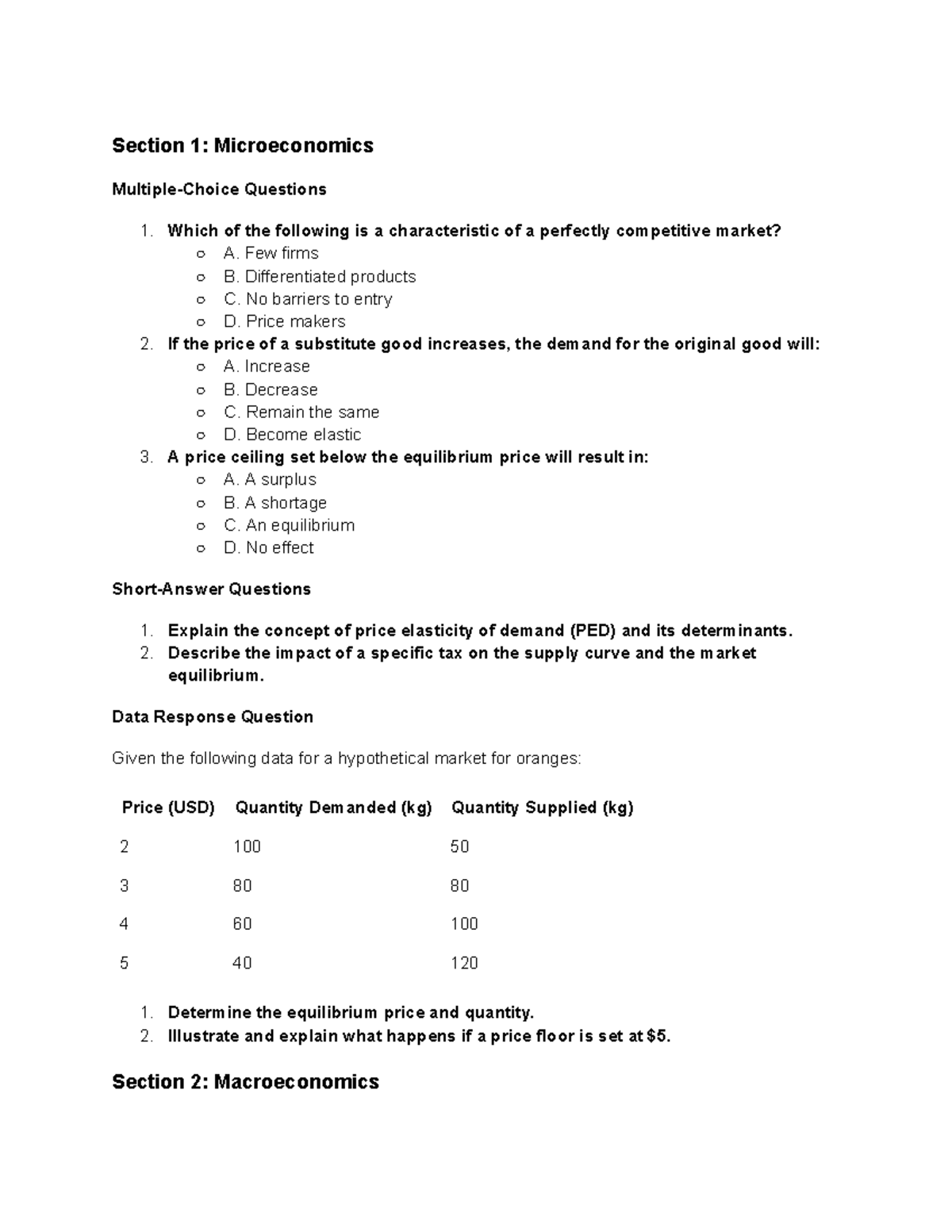 Economics Sample Test - Section 1: Microeconomics Multiple-Choice ...