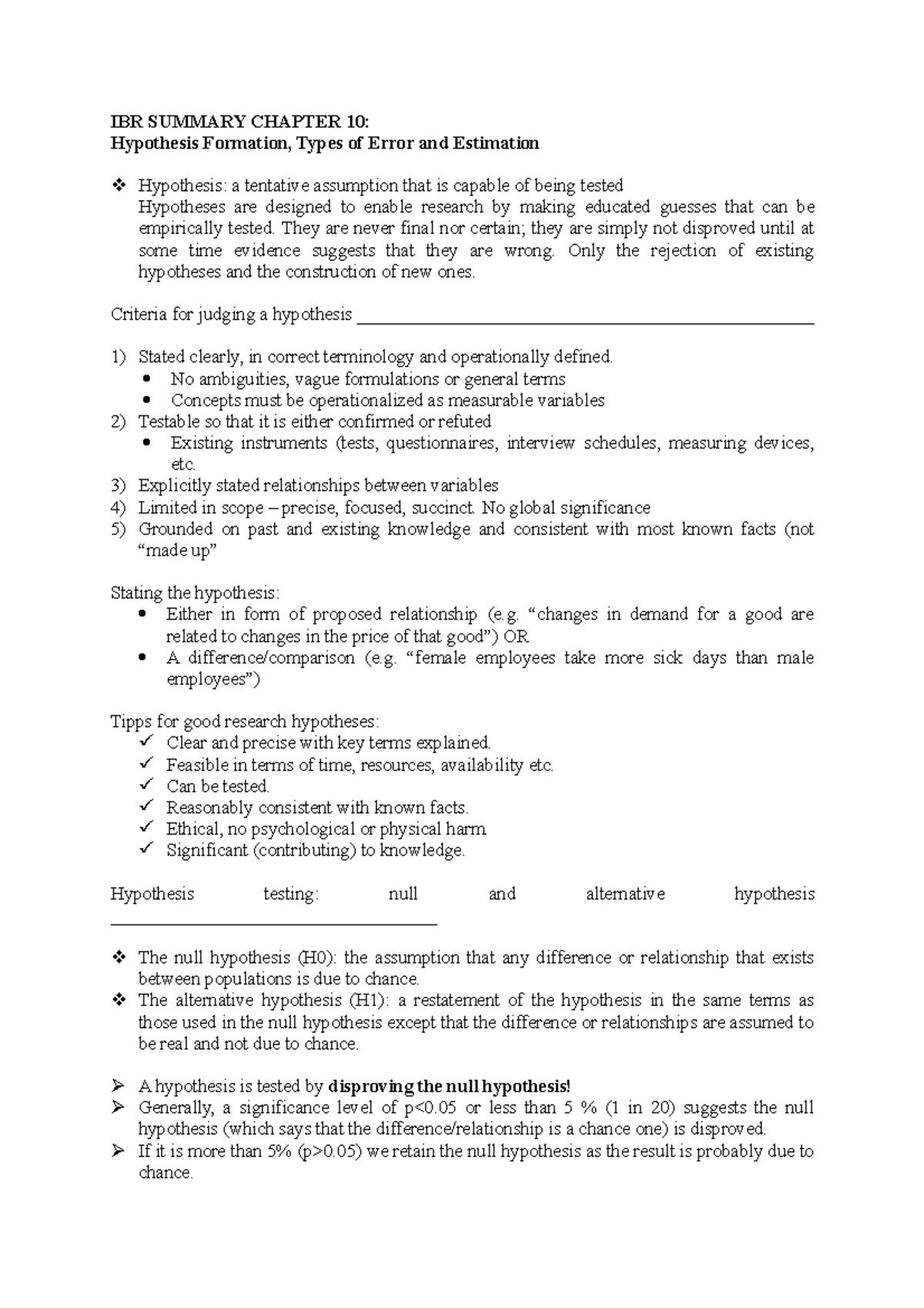 IBR Literature Summary Chapter 10 - IBR SUMMARY CHAPTER 10: Hypothesis Formation, Types of Error ...