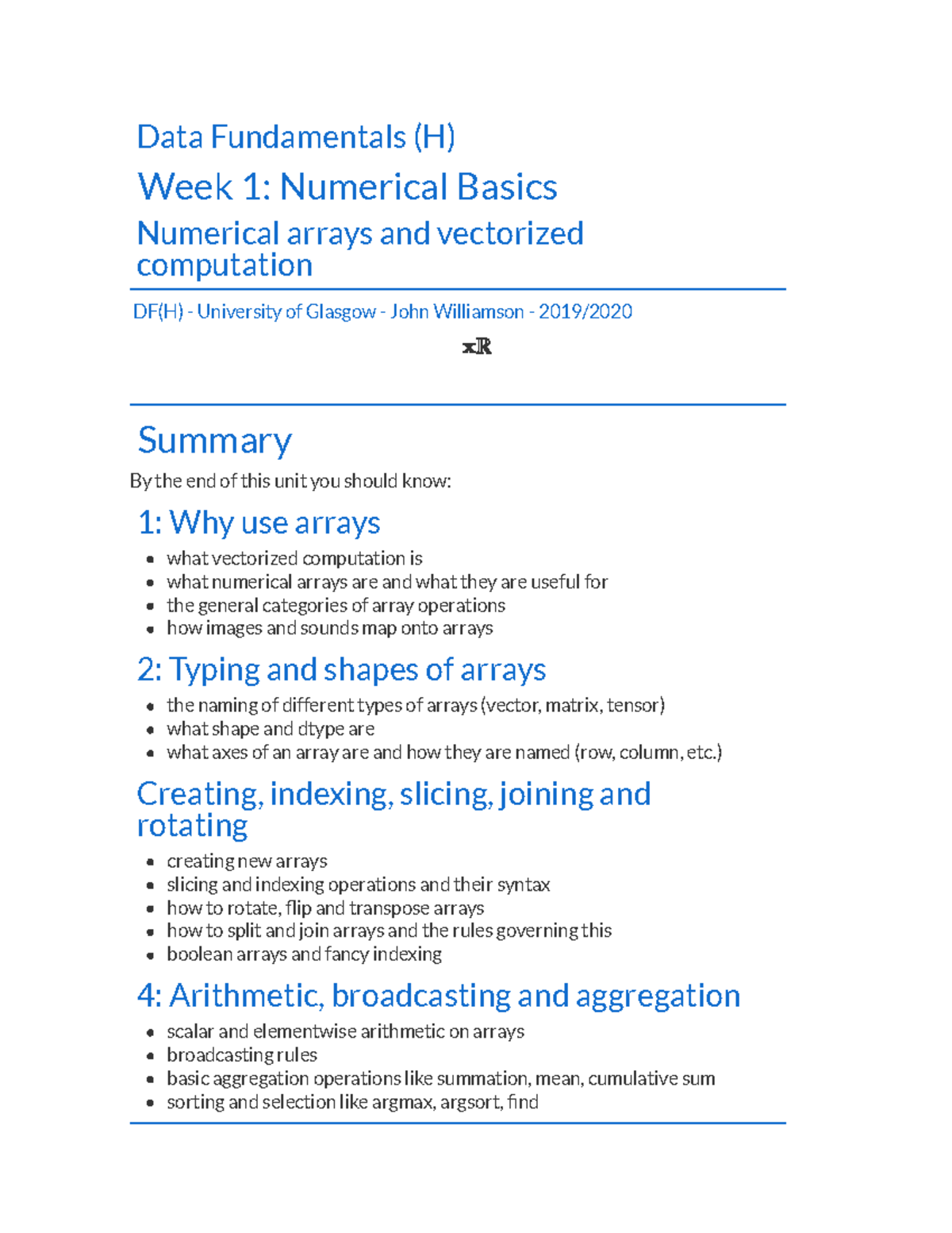 Numerical Arrays And Data Seets Data Fundamentals H Week 1 Numerical Basics Numerical