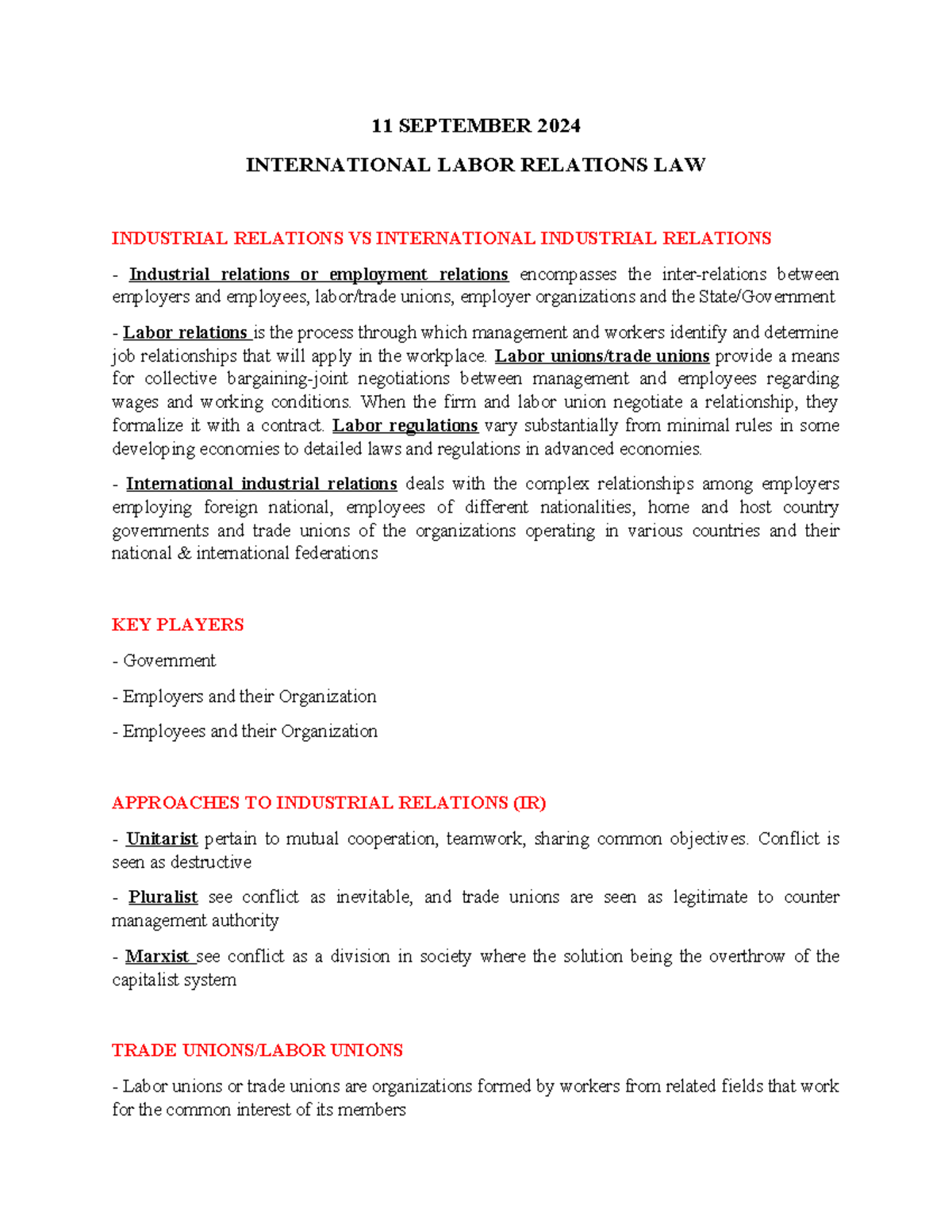 11 September 2024 Lecture INTL Labor Relations - 11 SEPTEMBER 2024 INTERNATIONAL LABOR RELATIONS ...